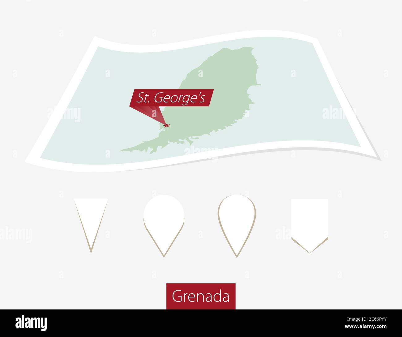 Curved paper map of Grenada with capital St. George's on Gray ...