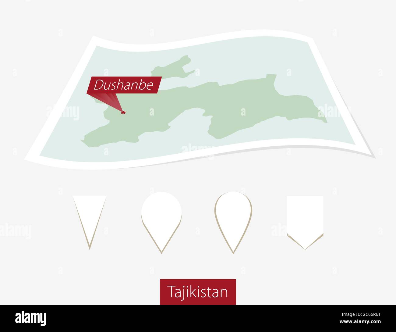 Curved paper map of Tajikistan with capital Dushanbe on Gray Background ...