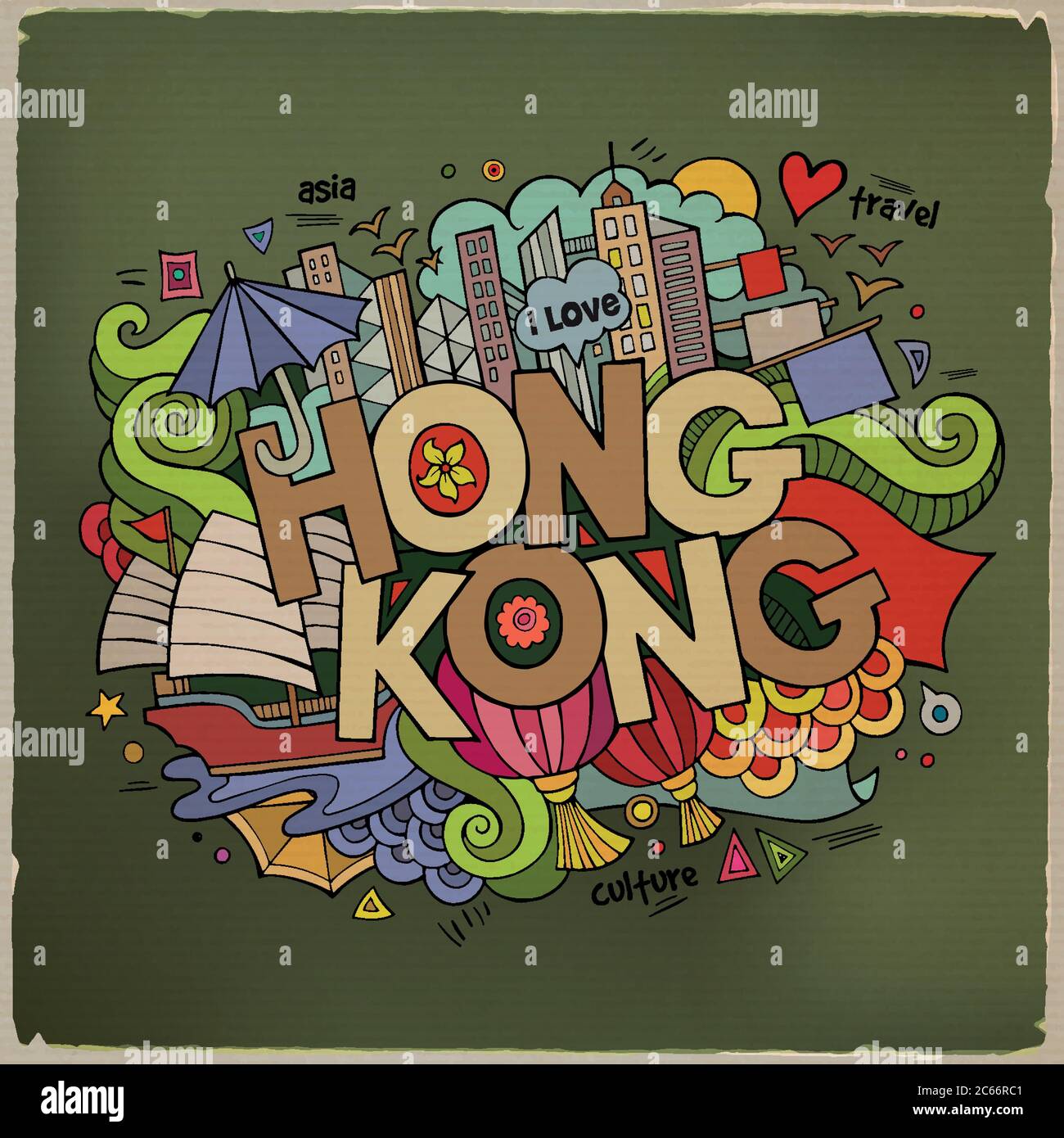 Hong Kong hand lettering and doodles elements background Stock Vector ...