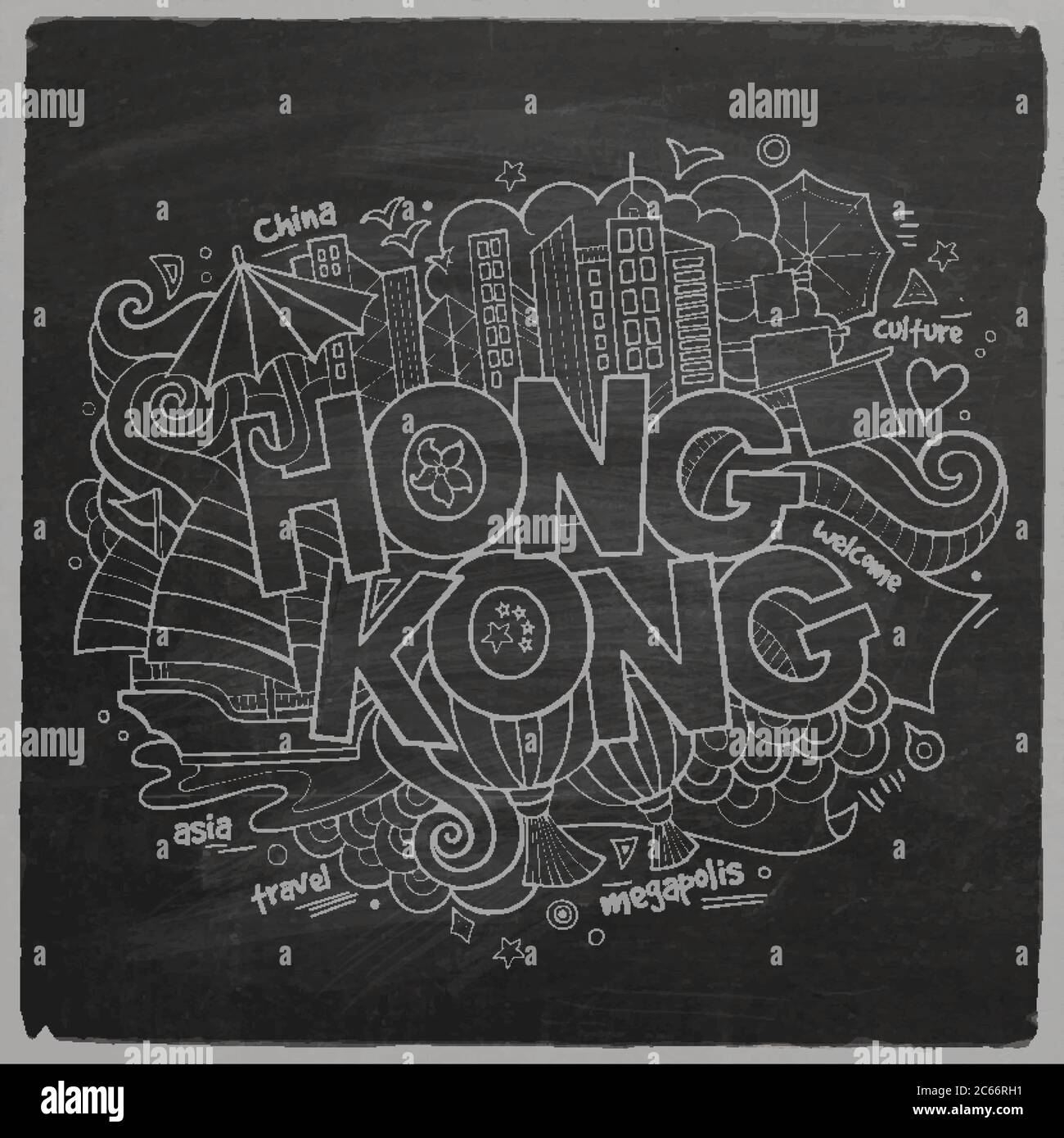 Hong Kong hand lettering and doodles elements background Stock Vector ...