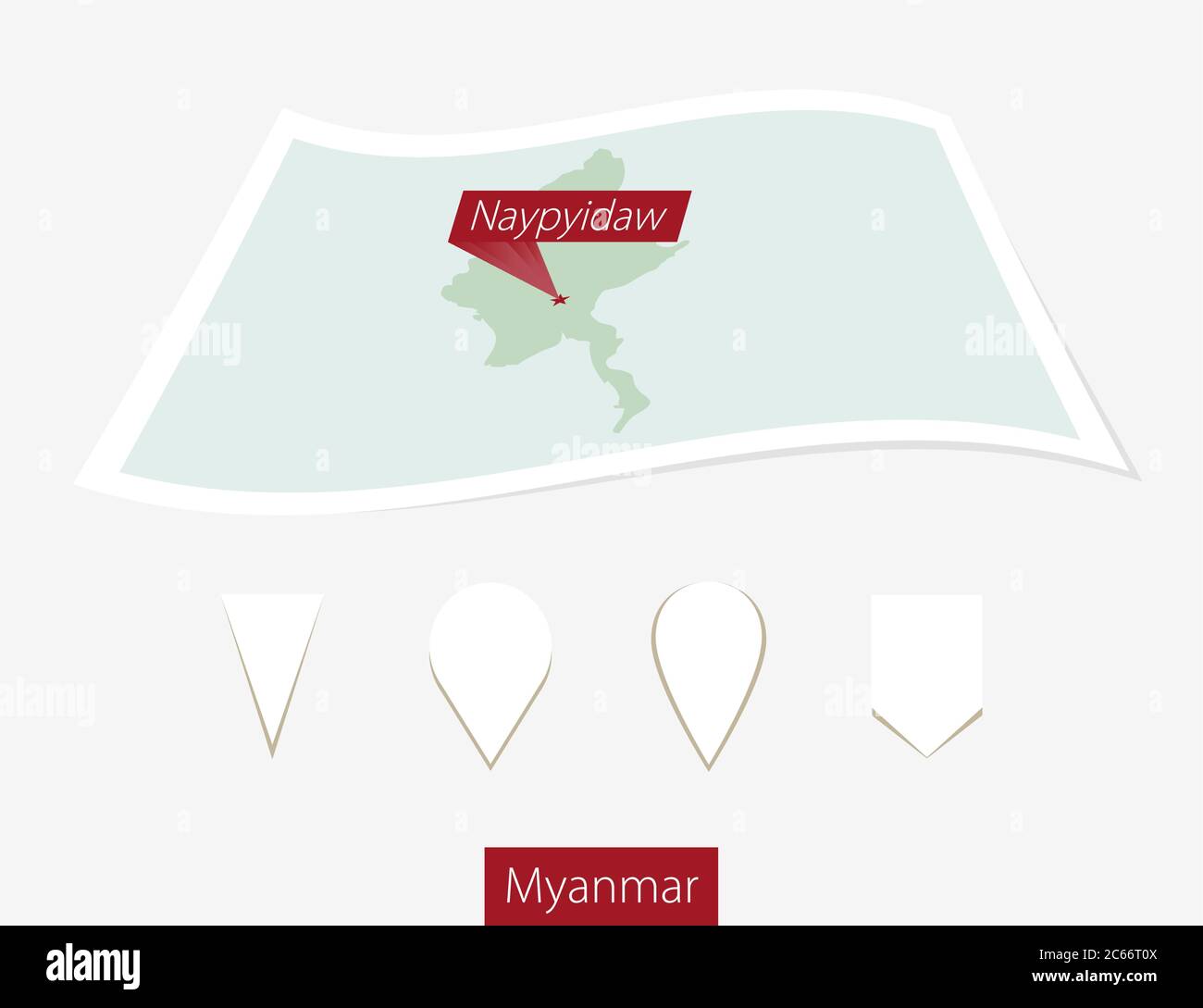 Curved paper map of Myanmar with capital Naypyidaw on Gray Background ...