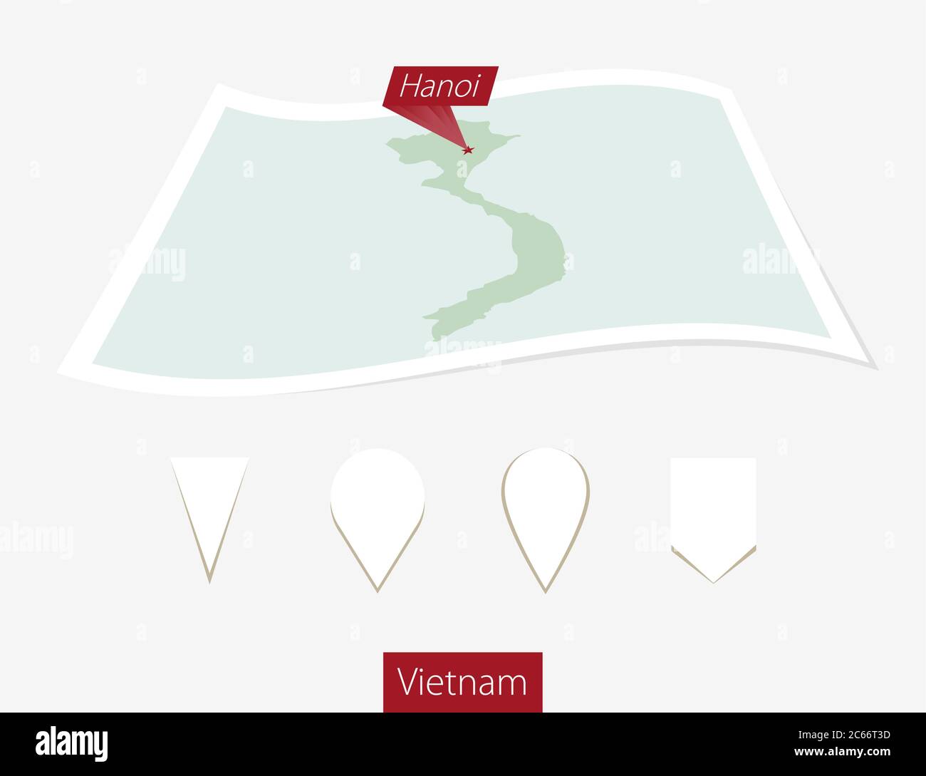 Curved paper map of Vietnam with capital Hanoi on Gray Background. Four ...