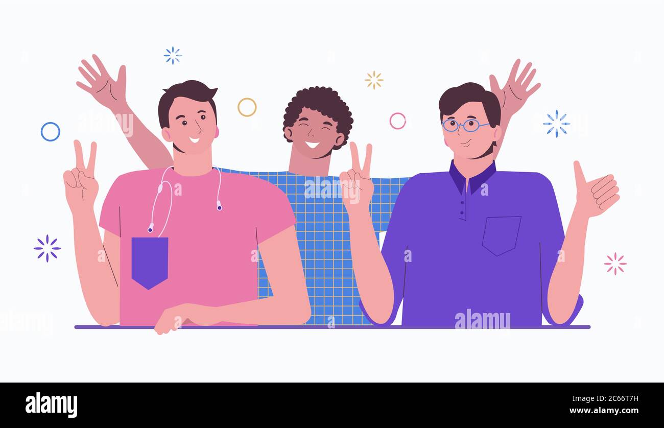 Group of happy young people hugging. Meeting men Friendship ...