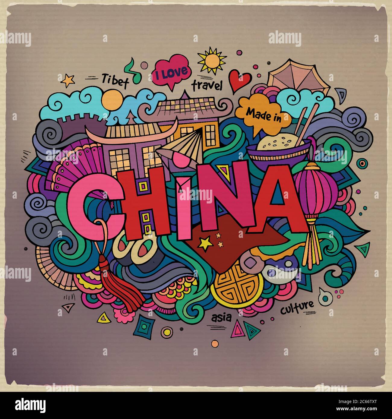 China hand lettering and doodles elements background. Vector ill Stock ...