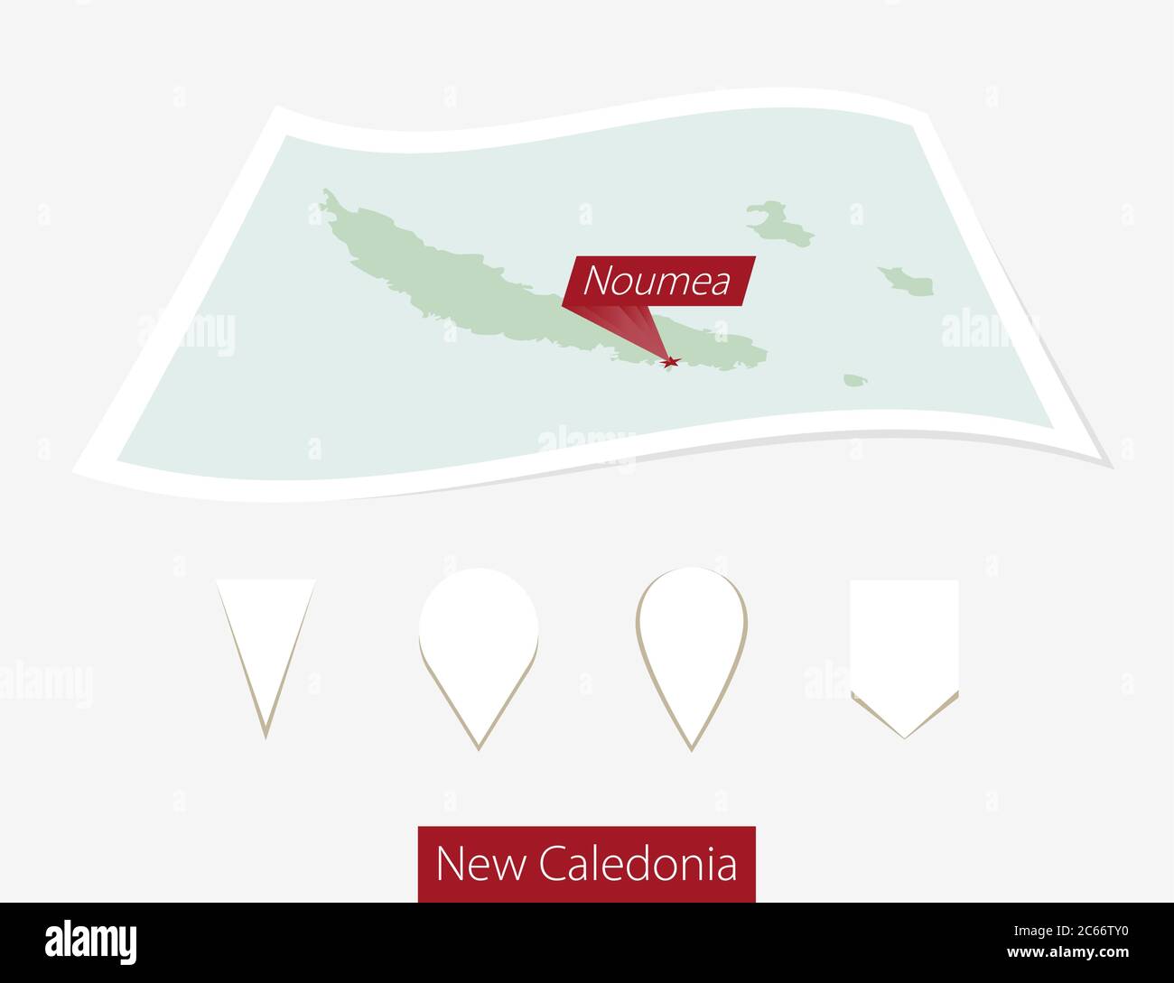 Curved paper map of New Caledonia with capital Noumea on Gray ...
