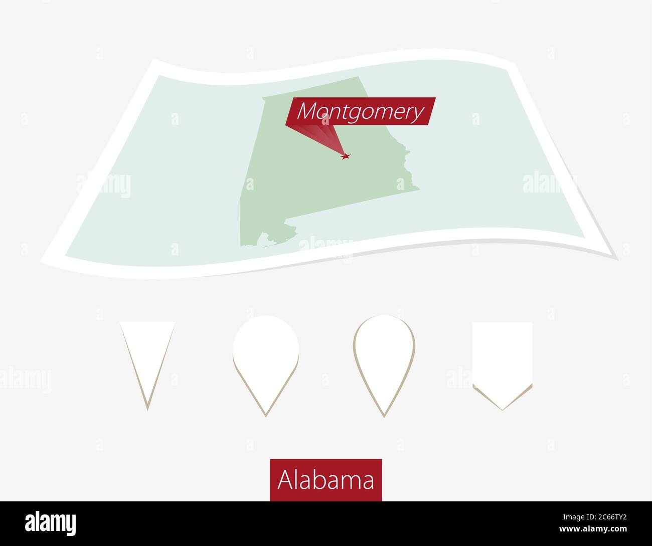 Curved paper map of Alabama state with capital Montgomery on Gray ...