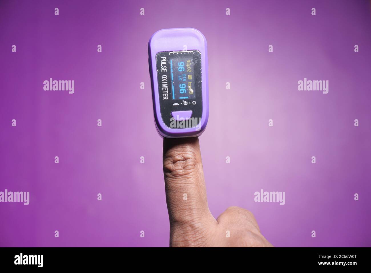 Man finger with pulse oximeter to measure oxygen saturation Stock Photo ...