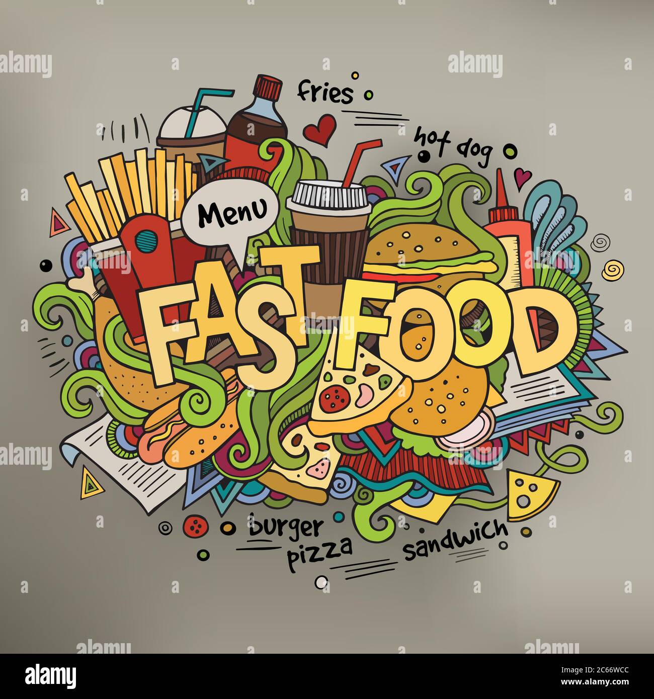 Fast food hand lettering and doodles elements background Stock Vector ...