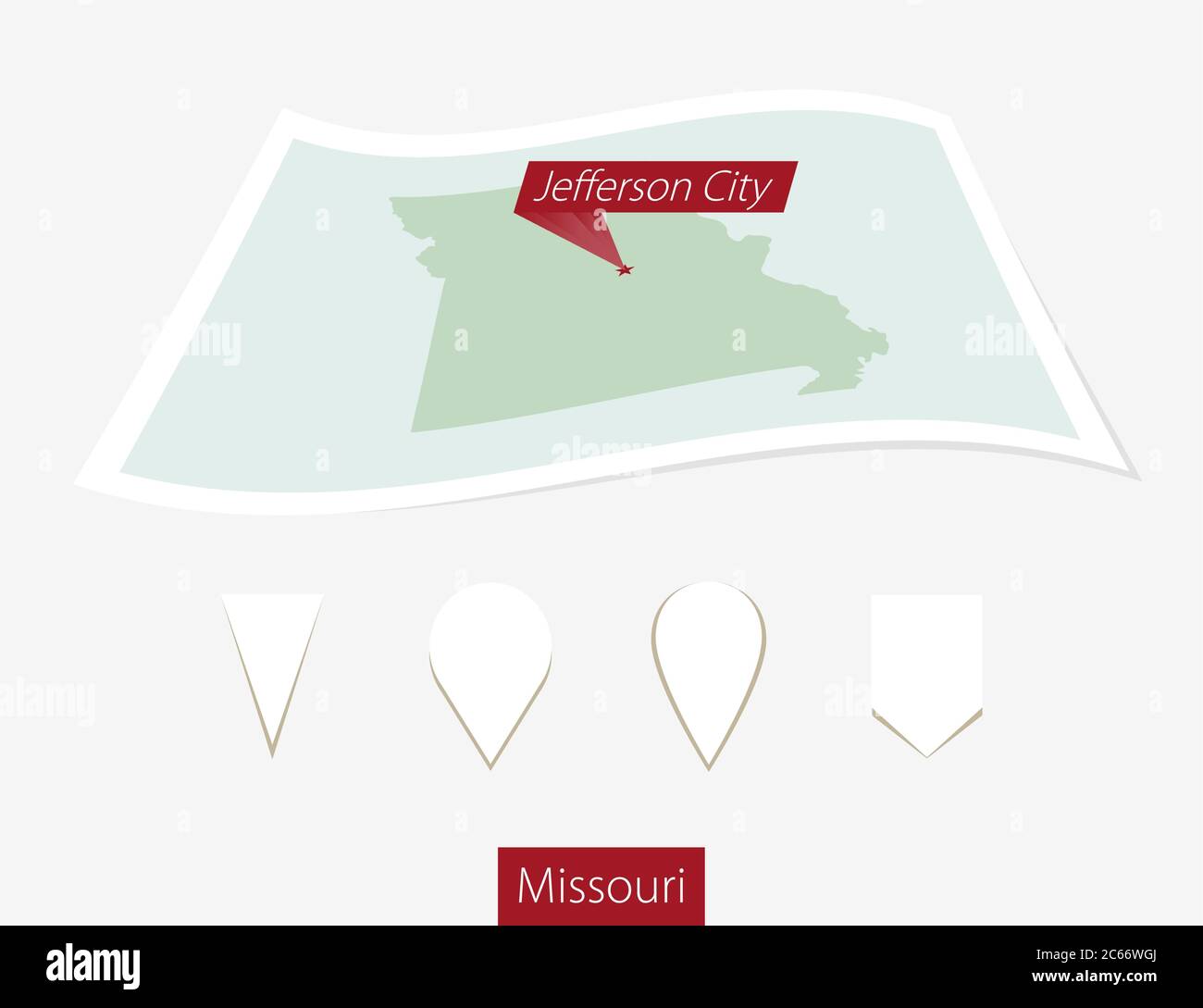 Curved paper map of Missouri state with capital Jefferson City on Gray ...