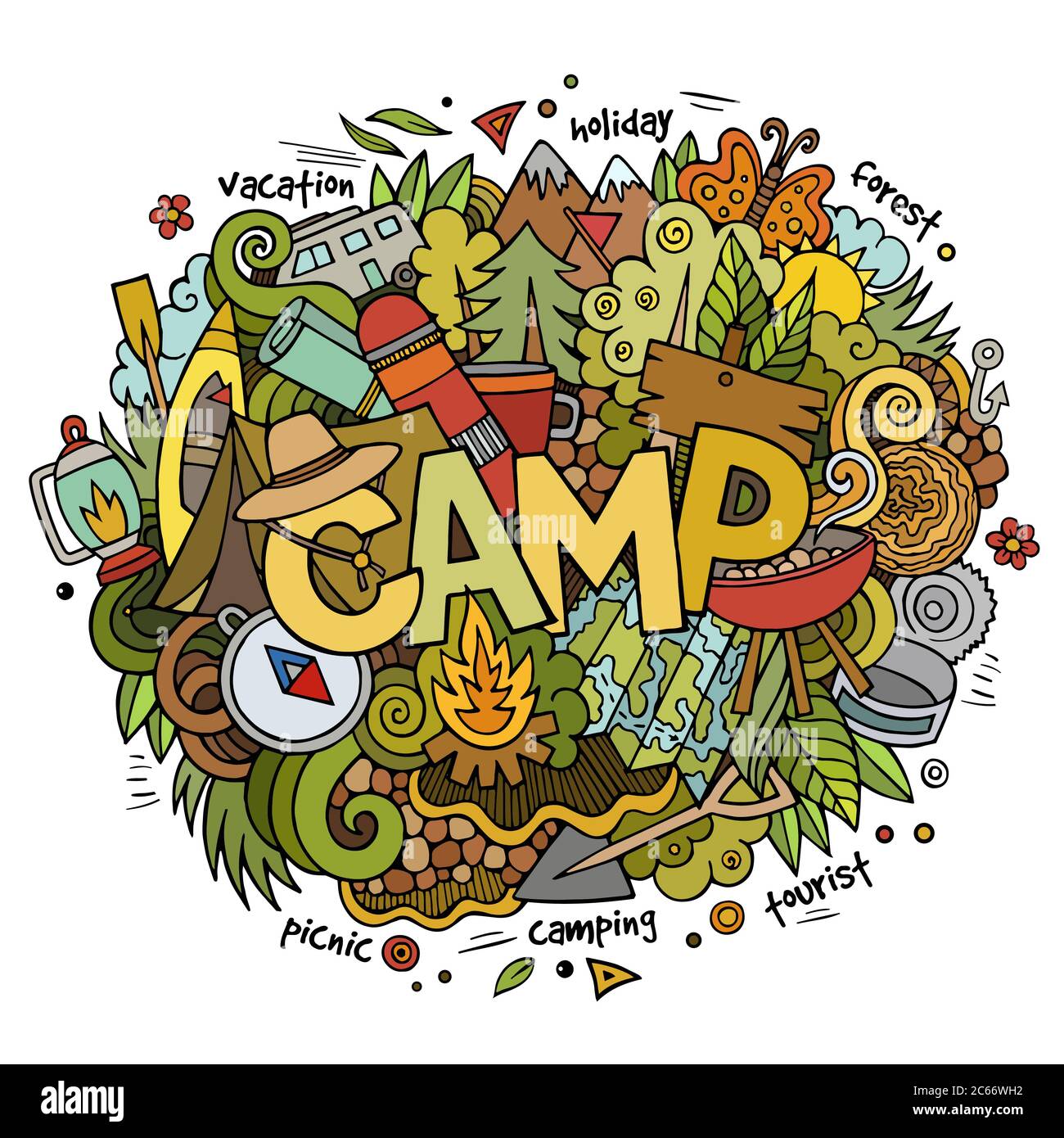 Summer camp hand lettering and doodles elements background Stock Vector ...
