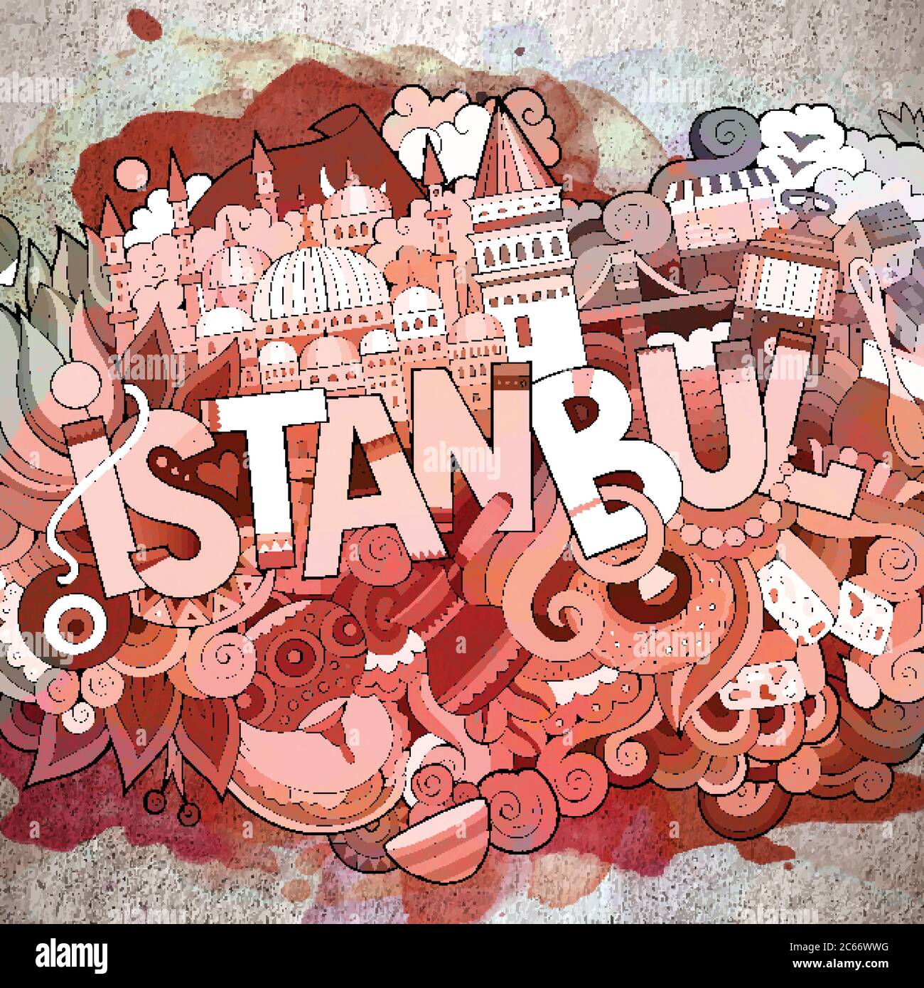 Cartoon cute doodles hand drawn Istanbul inscription Stock Vector Image ...
