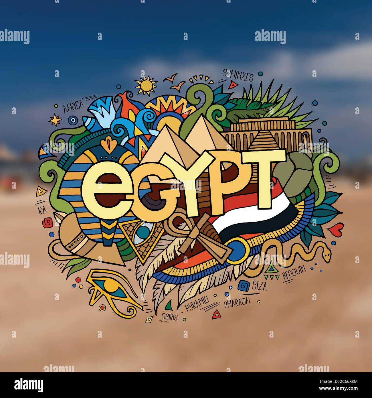 Egypt hand lettering and doodles elements background. Vector blurried ...