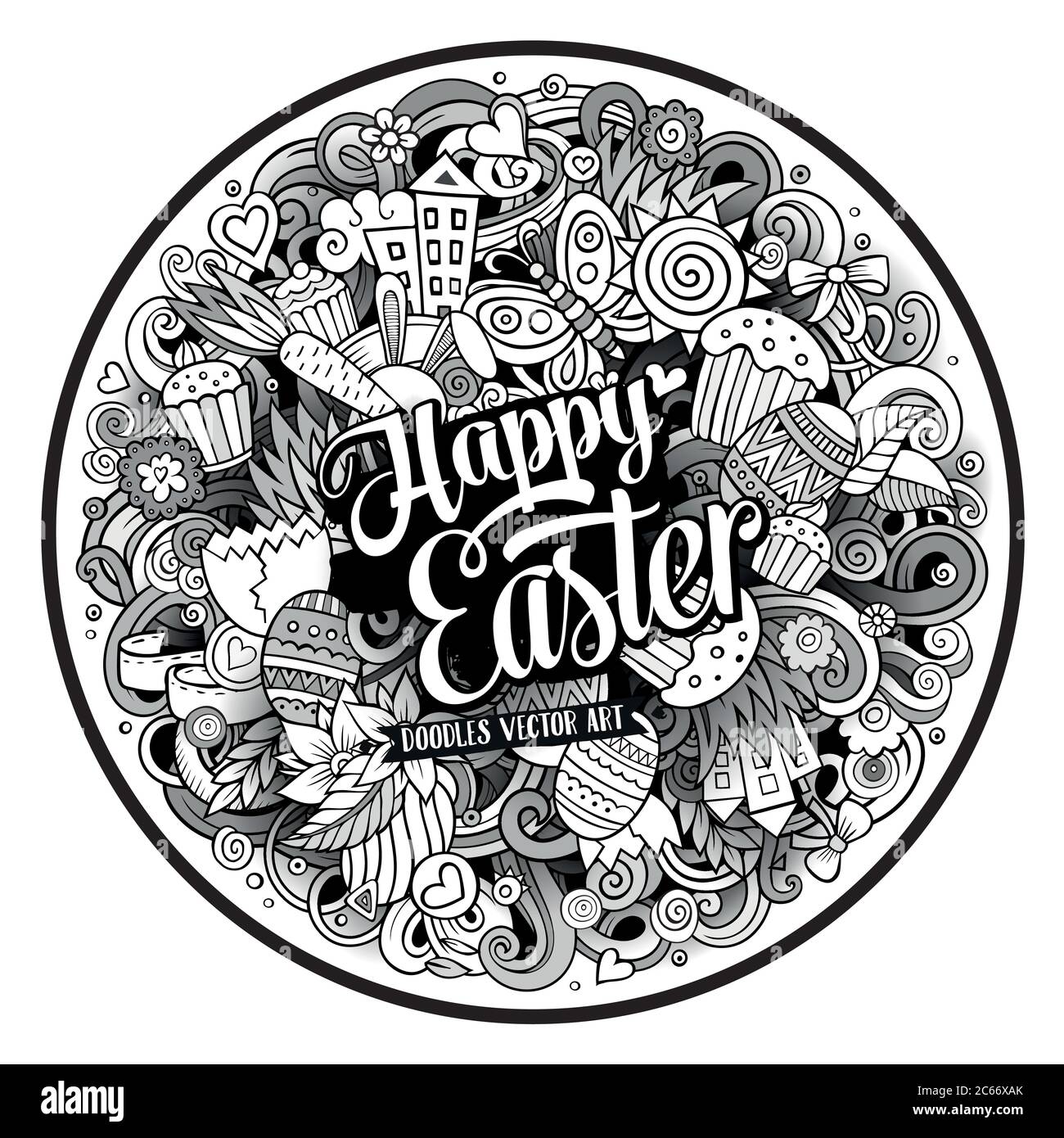 Cartoon vector hand drawn Doodle Happy Easter round design Stock Vector ...