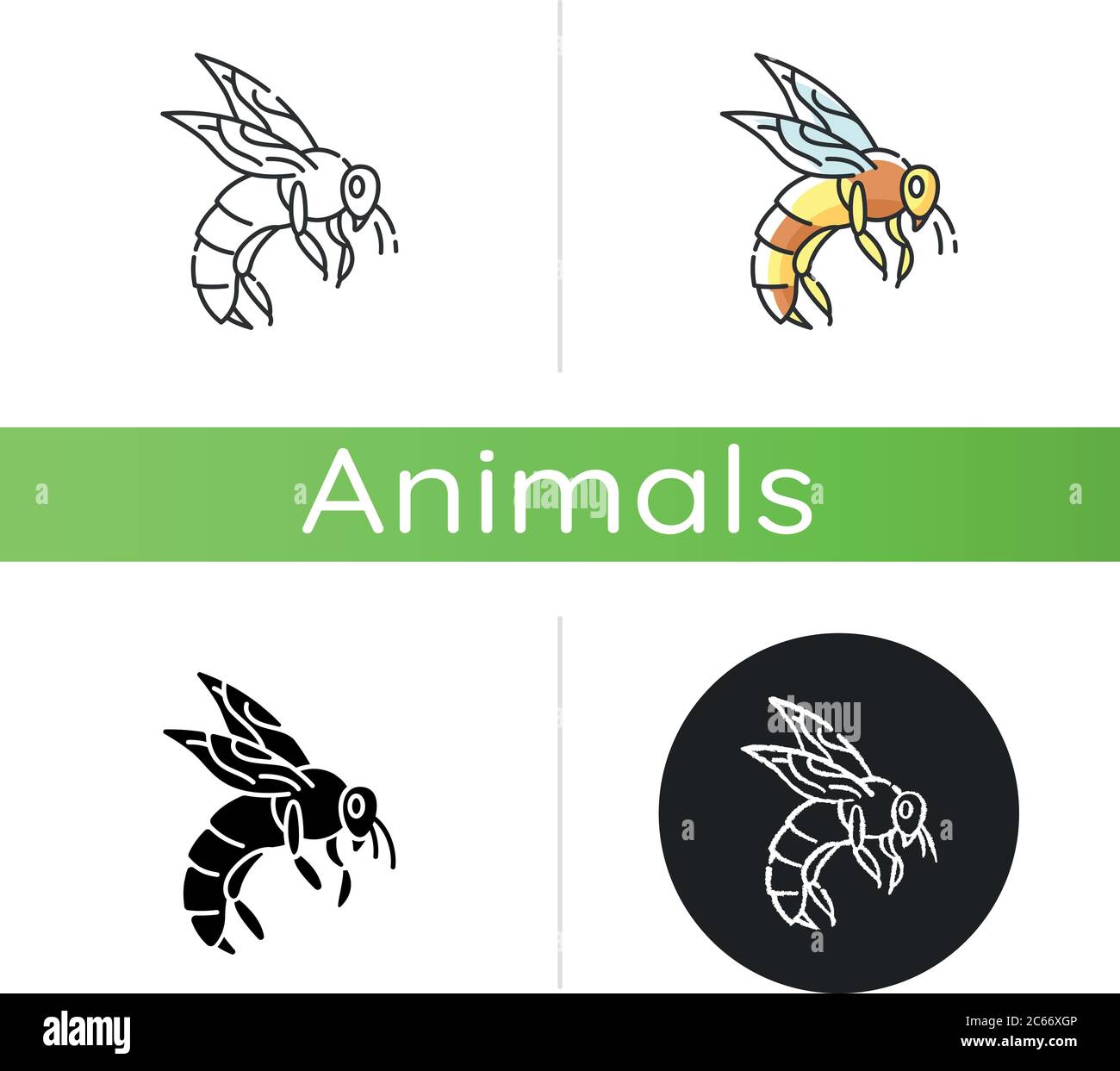 Bee icon. Linear black and RGB color styles. Small flying insect with ...