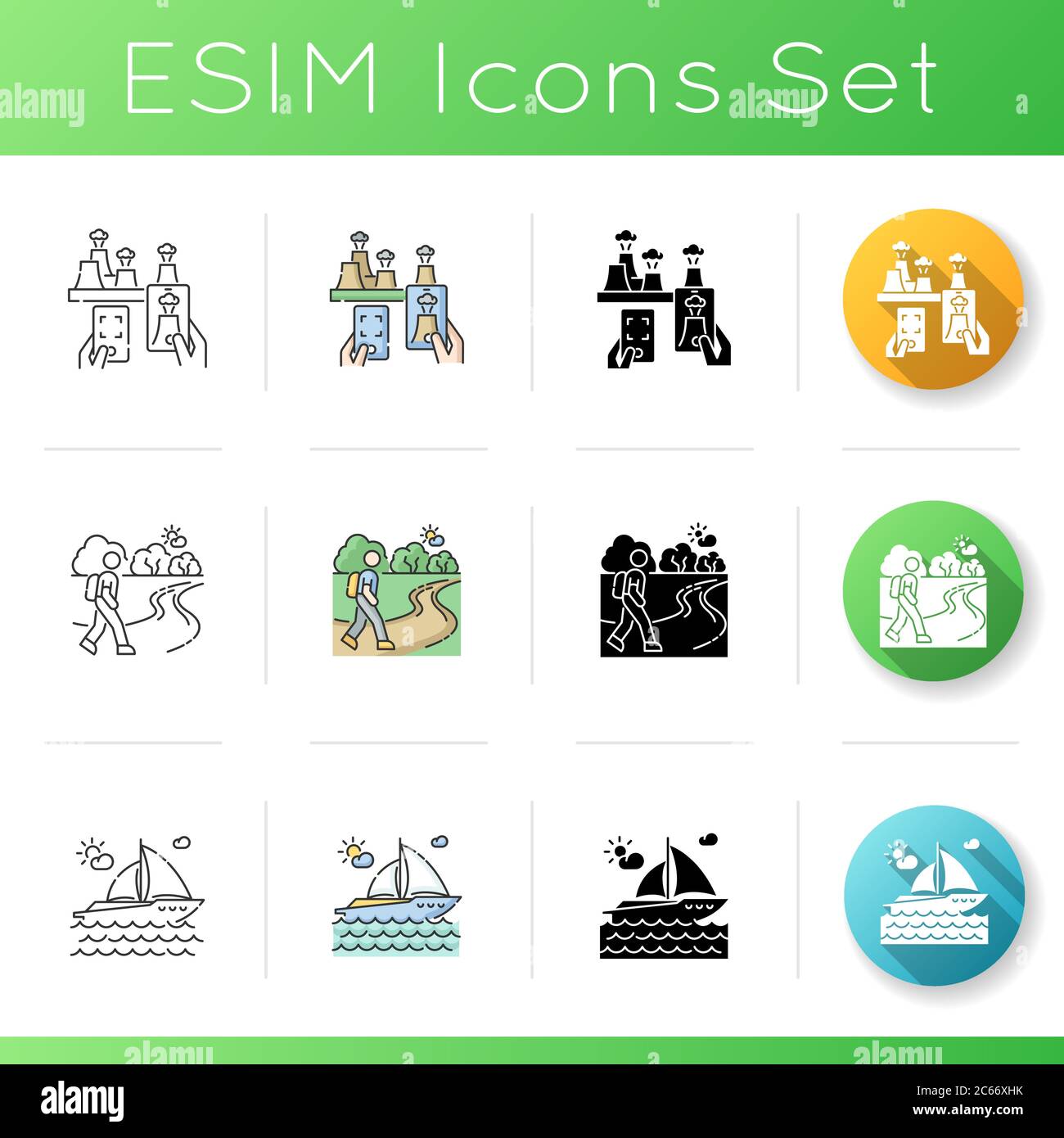 Vacation trip icons set. Linear, black and RGB color styles. Atomic ...