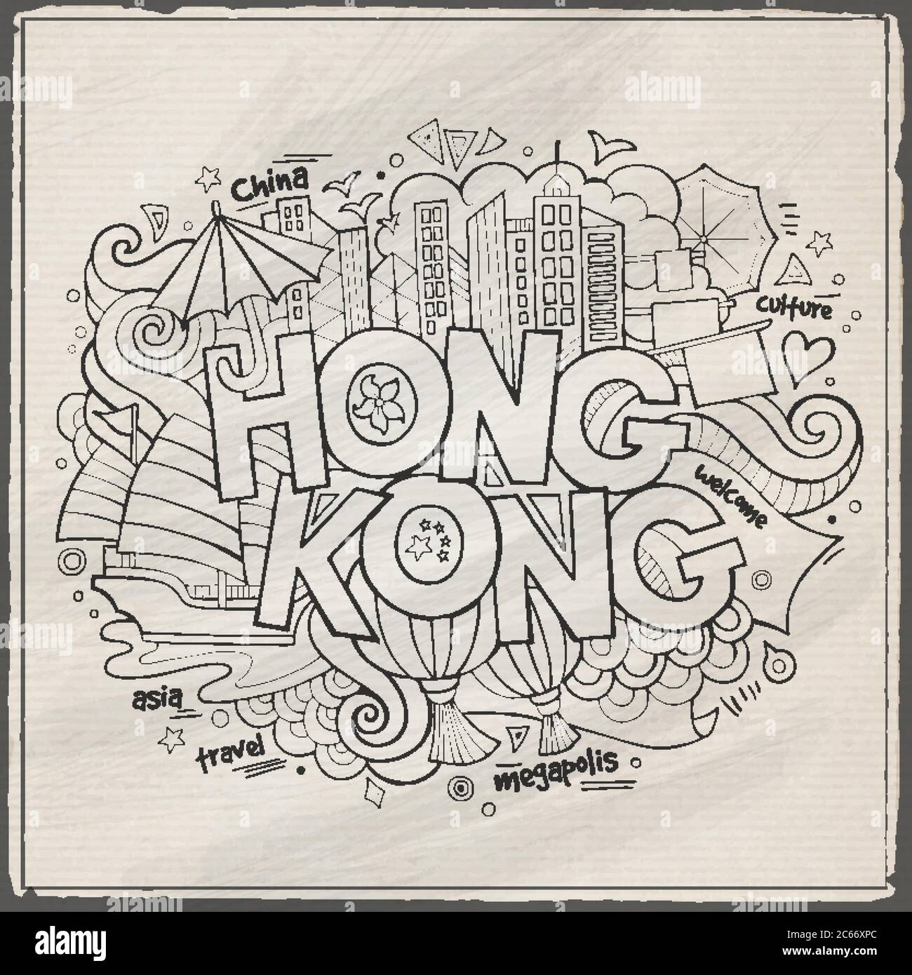 Hong Kong hand lettering and doodles elements background Stock Vector ...