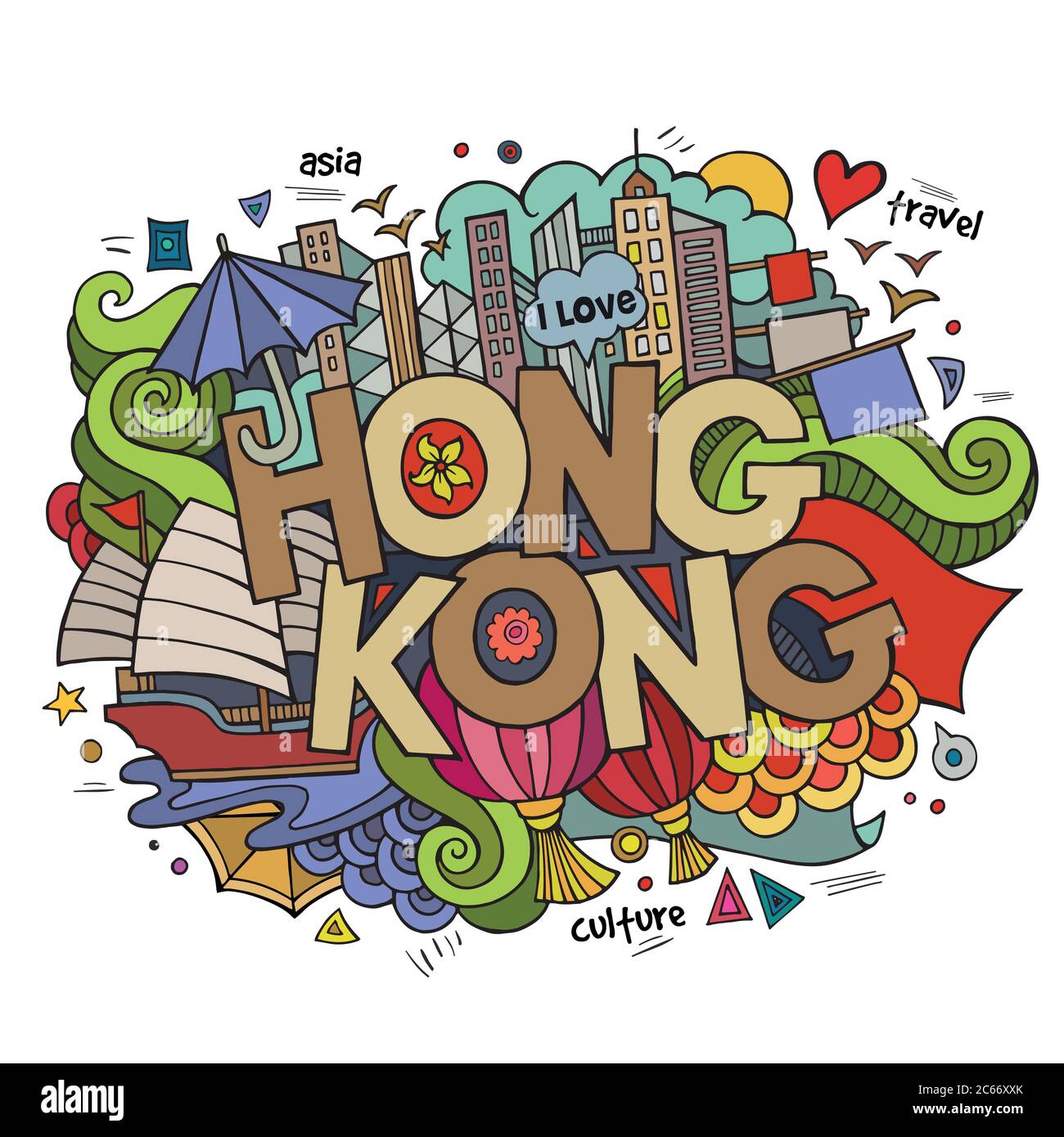 Hong Kong hand lettering and doodles elements background Stock Vector ...