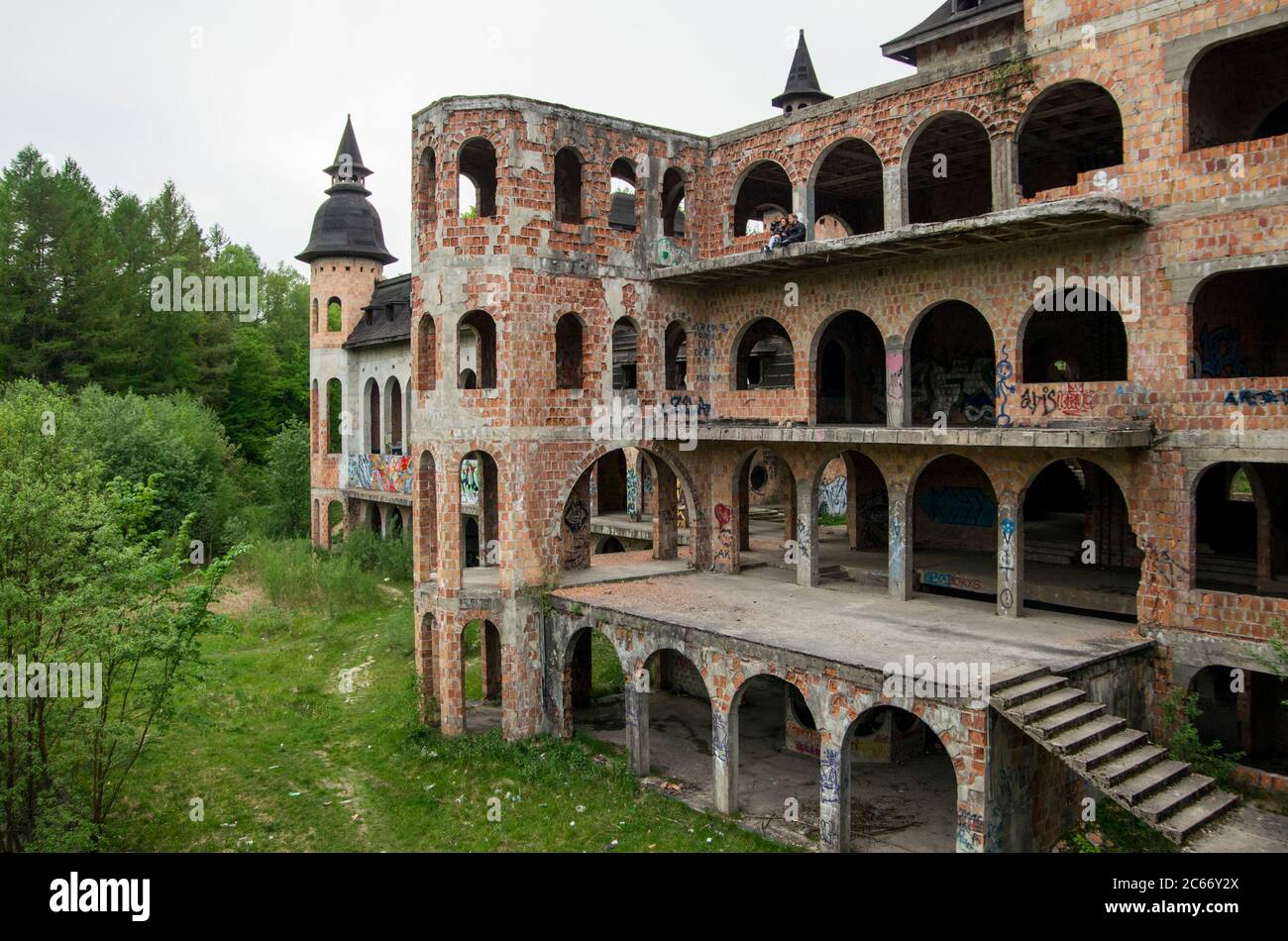 abandoned modern castle, unfinished building in Poland in Lapalice ...