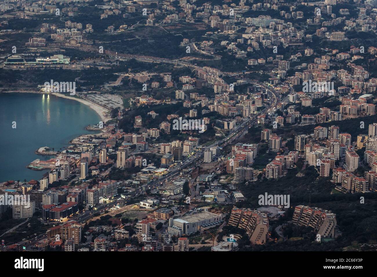 Aerial view on Jounieh city and bay from statue in Our Lady of Lebanon ...