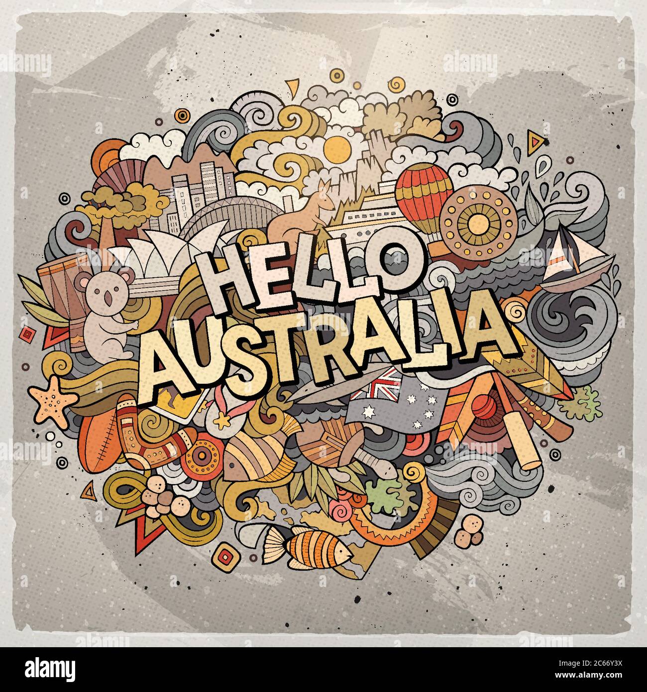 Cartoon cute doodles hand drawn Hello Australia inscription Stock ...