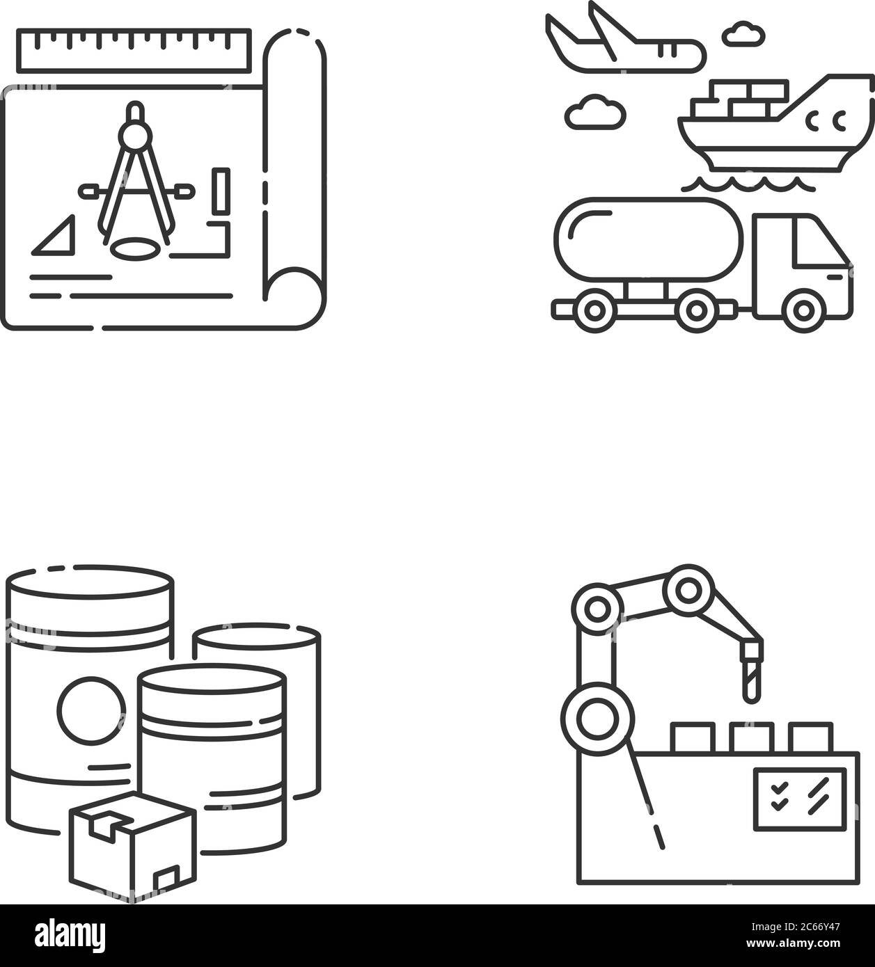 Industrial production pixel perfect linear icons set. Raw materials ...