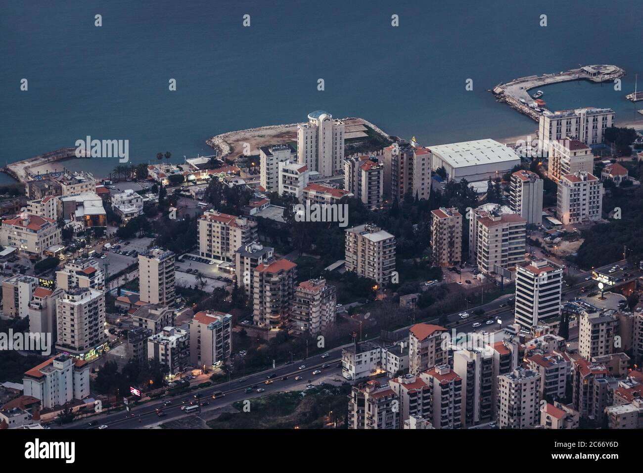 Aerial view on coast of Jounieh city from statue in Our Lady of Lebanon ...