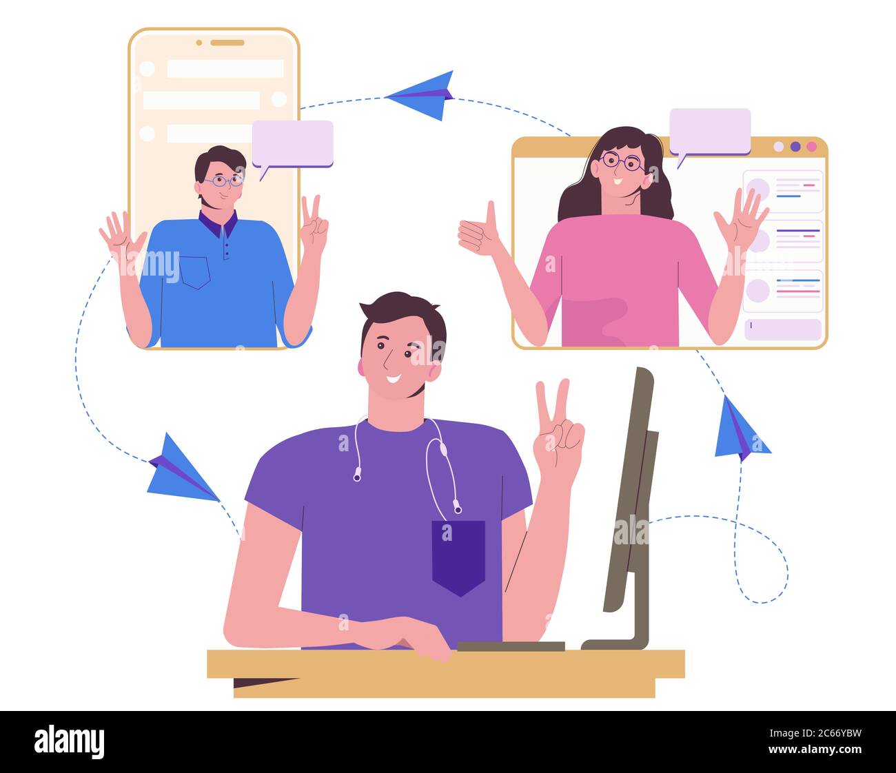 Work and chat online. Co-workers and friends work remotely from home ...