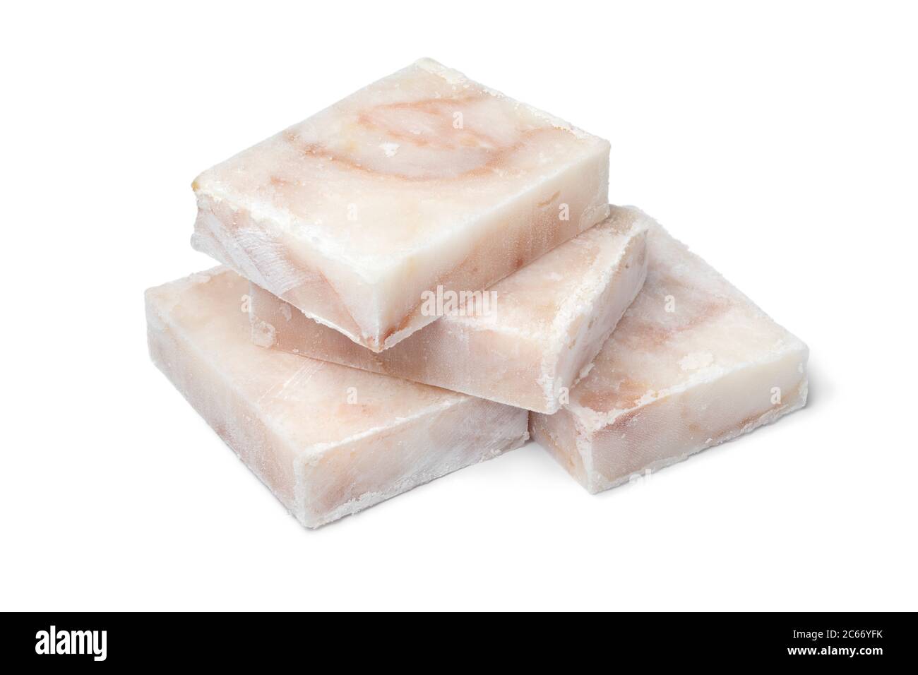 Pieces of frozen cod fish fillet as an ingredient for cooking close up ...