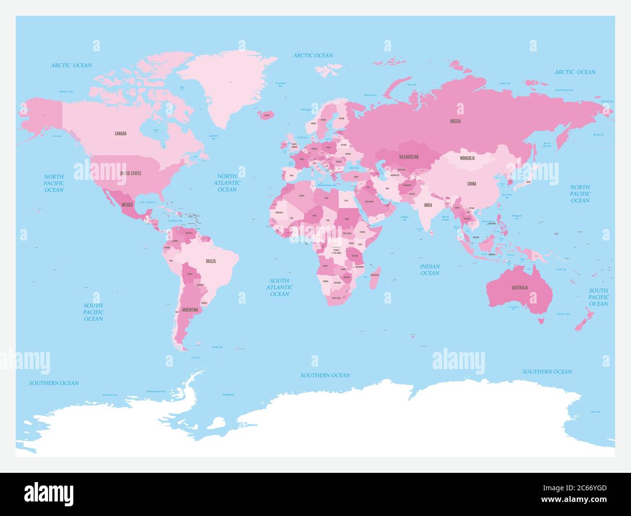 World map atlas. Pink colored political map with blue seas and oceans ...
