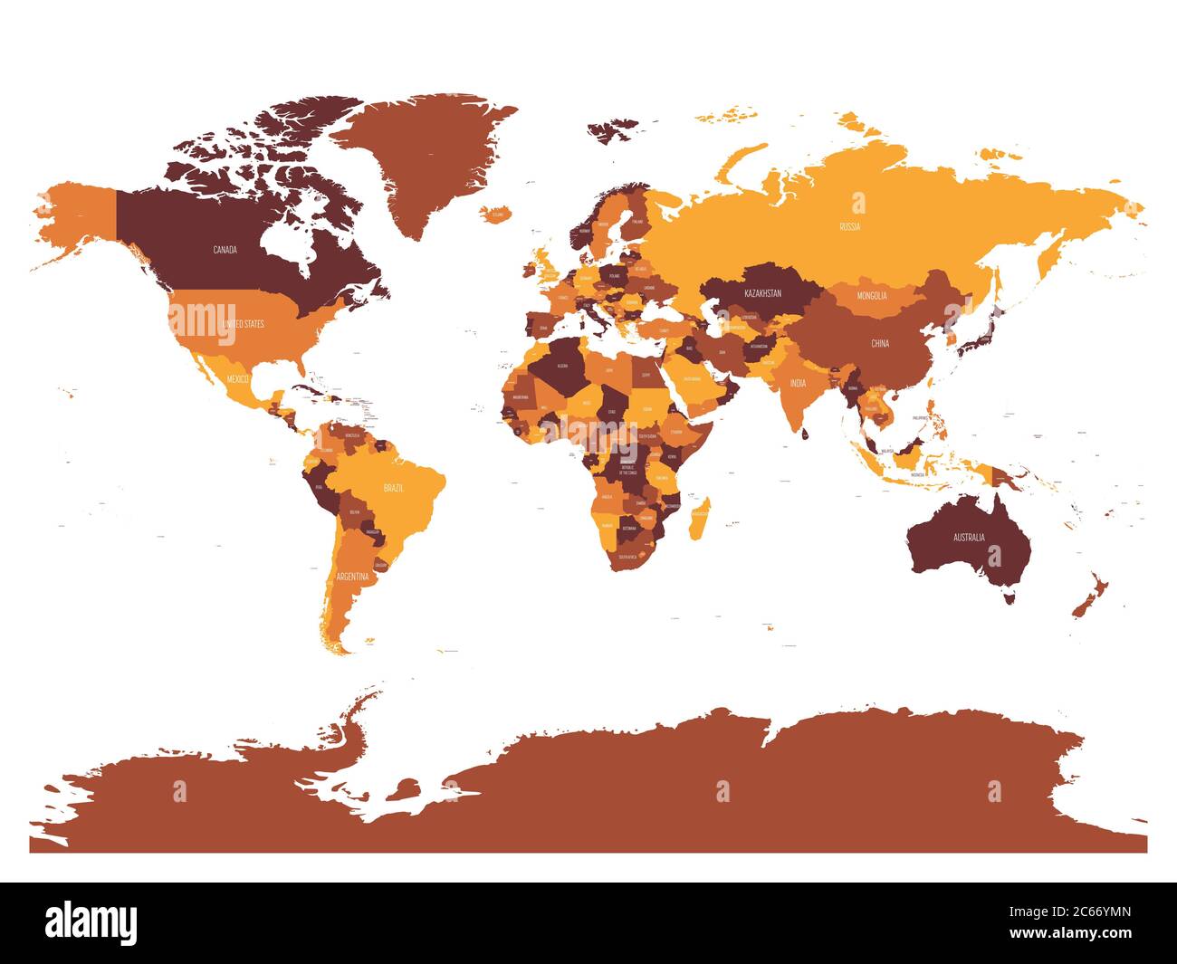 World map in four shades of brown on white background. High detail ...