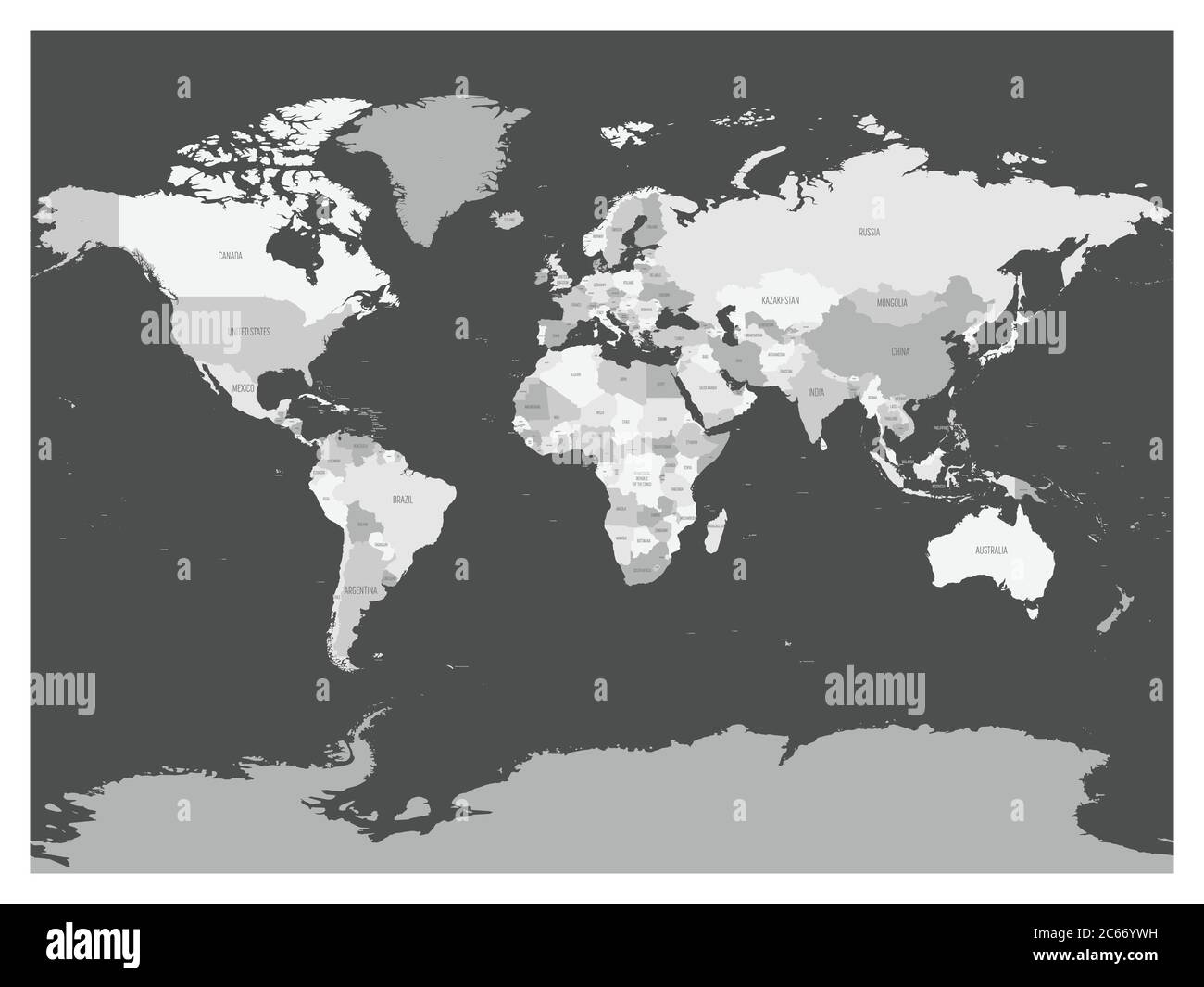 World map in four shades of grey on dark background. High detail blank ...