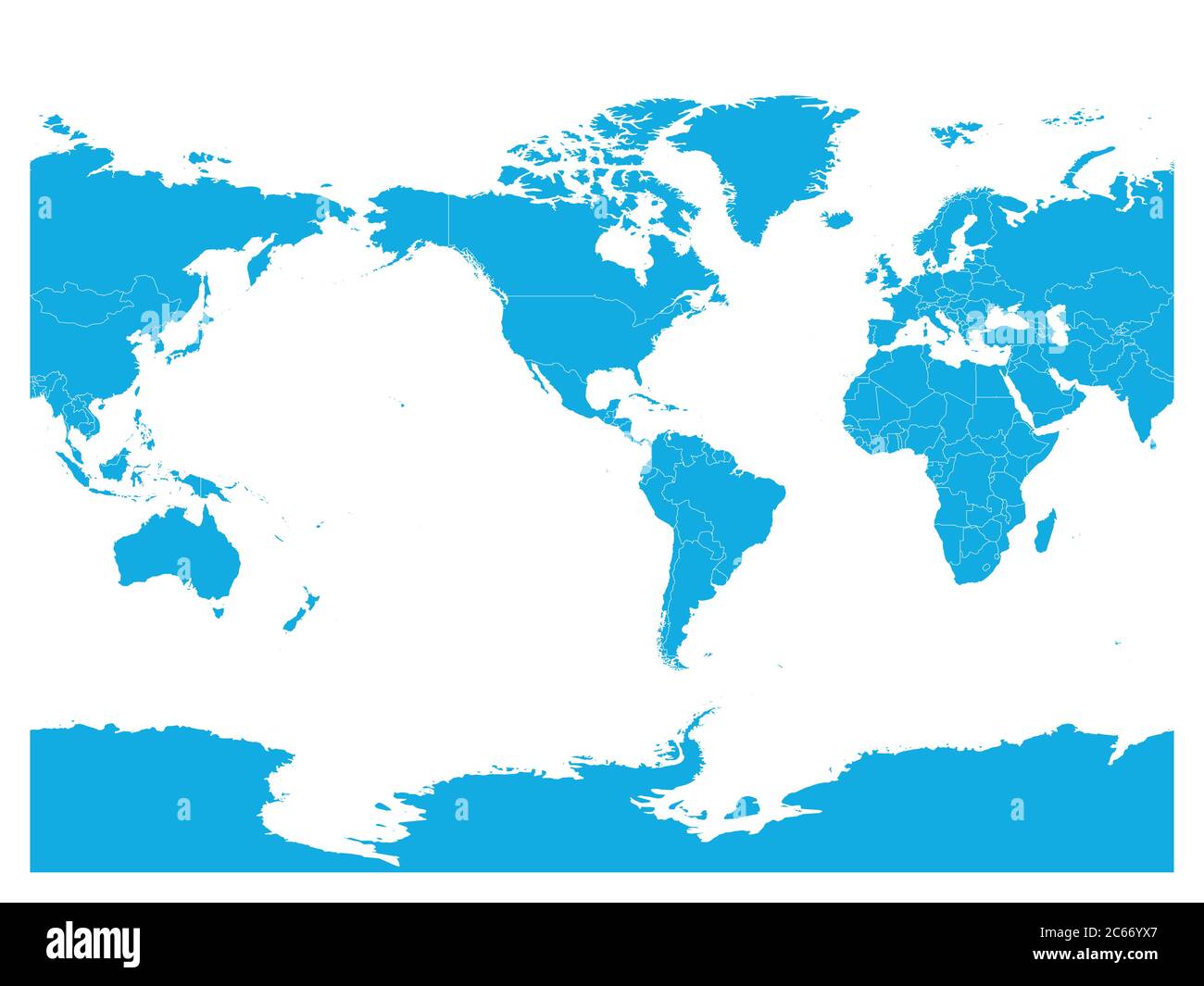 Blue World map. High detail America centered political map. Vector ...