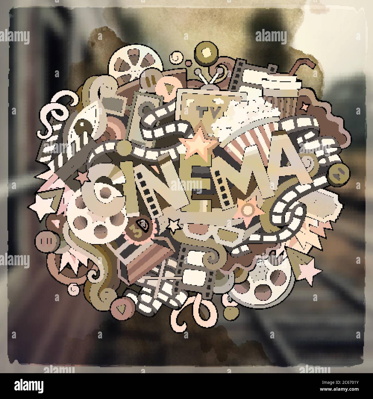 Cartoon vector hand drawn Doodle Cinema word illustration Stock Vector ...