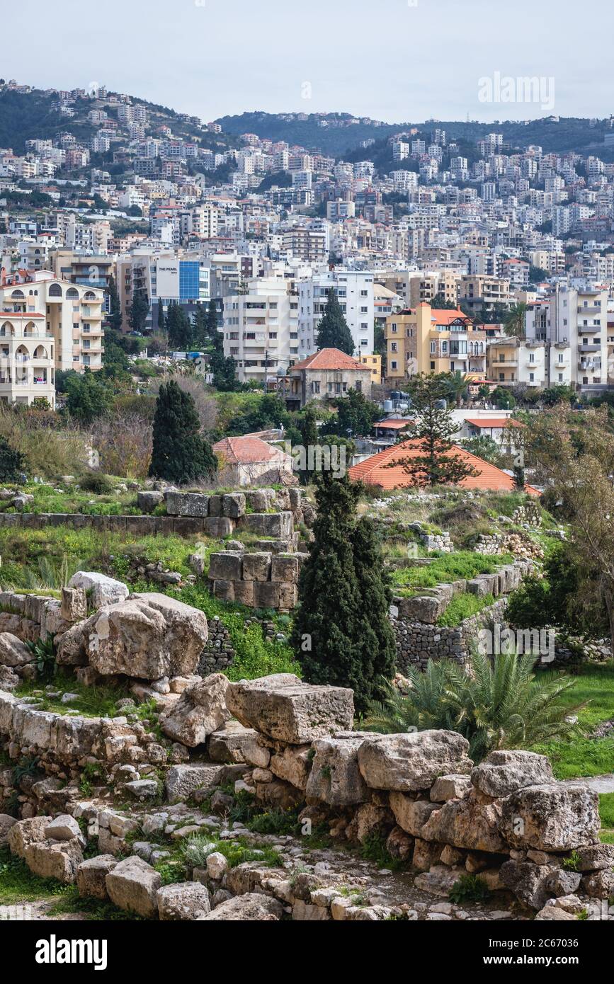 Aerial view of archaeological site and city from a crusader castle in ...