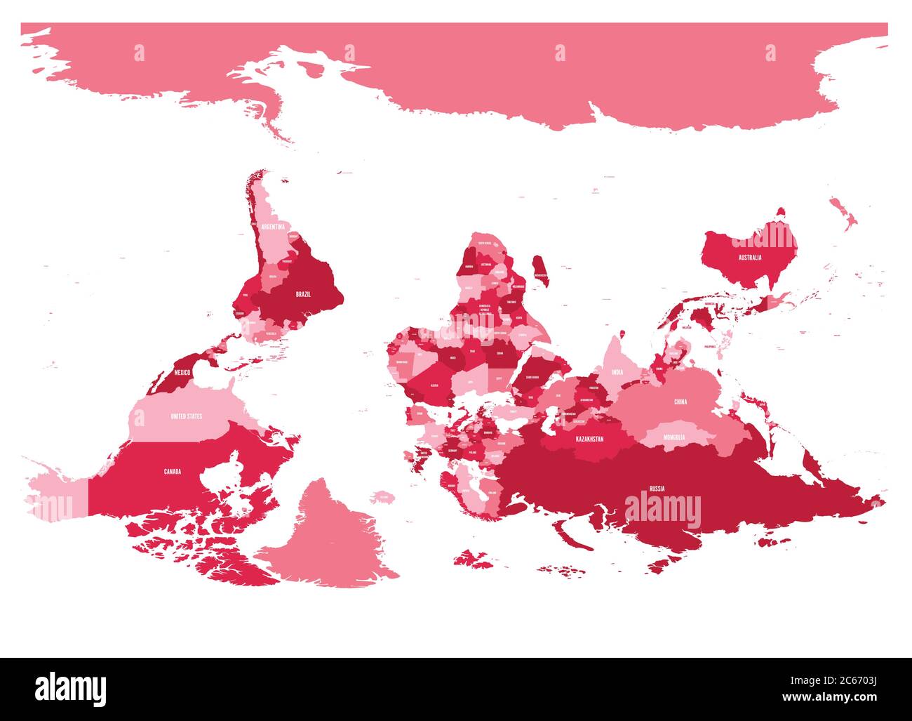 Reversed or upside down political map of World. South-up orientation ...