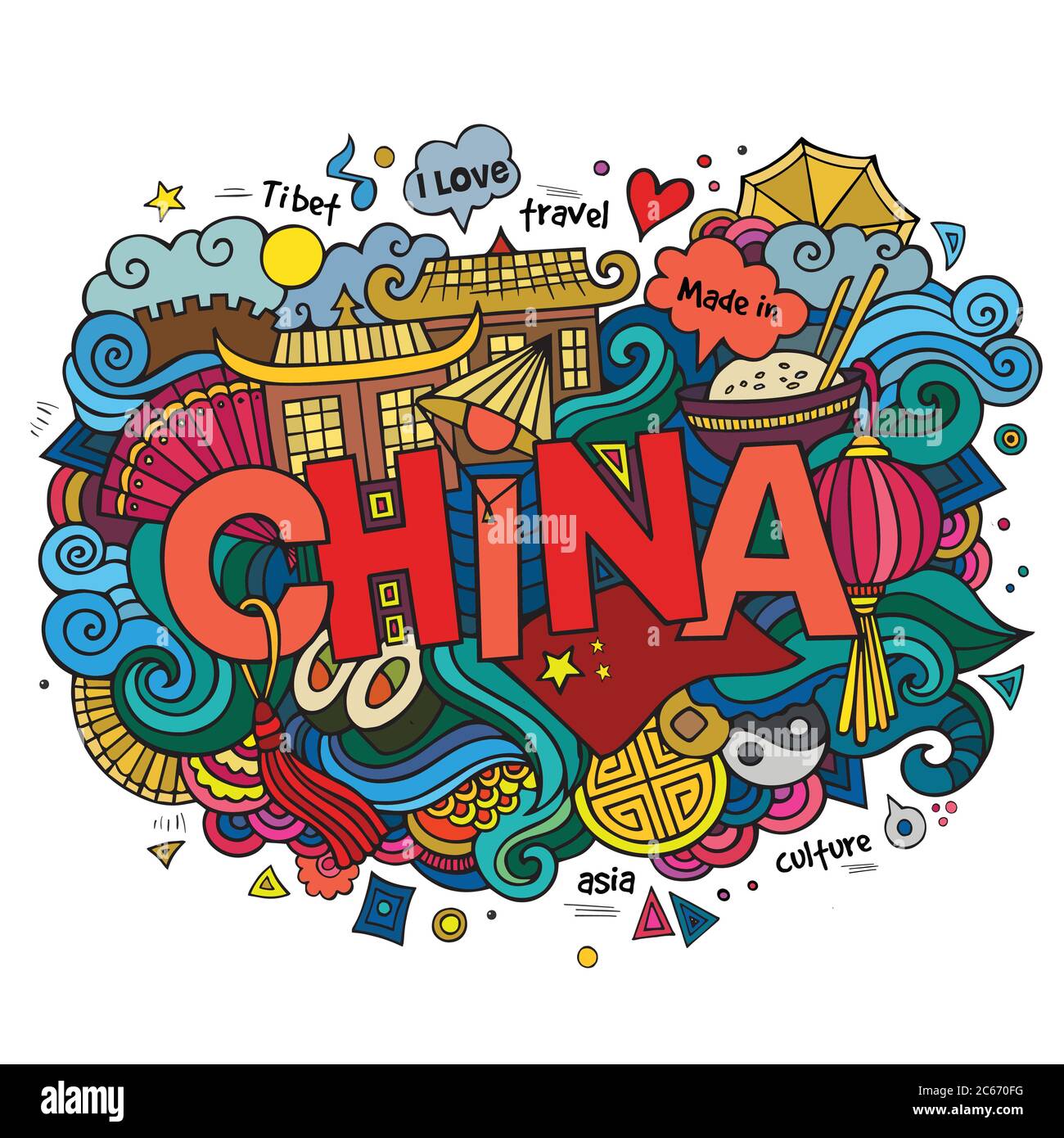 China hand lettering and doodles elements background. Vector ill Stock ...