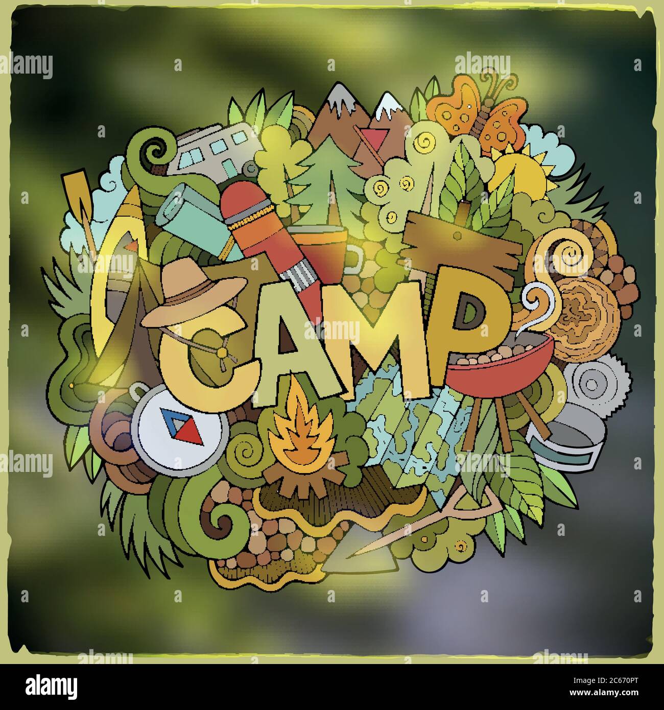 Summer camp hand lettering and doodles elements background Stock Vector ...