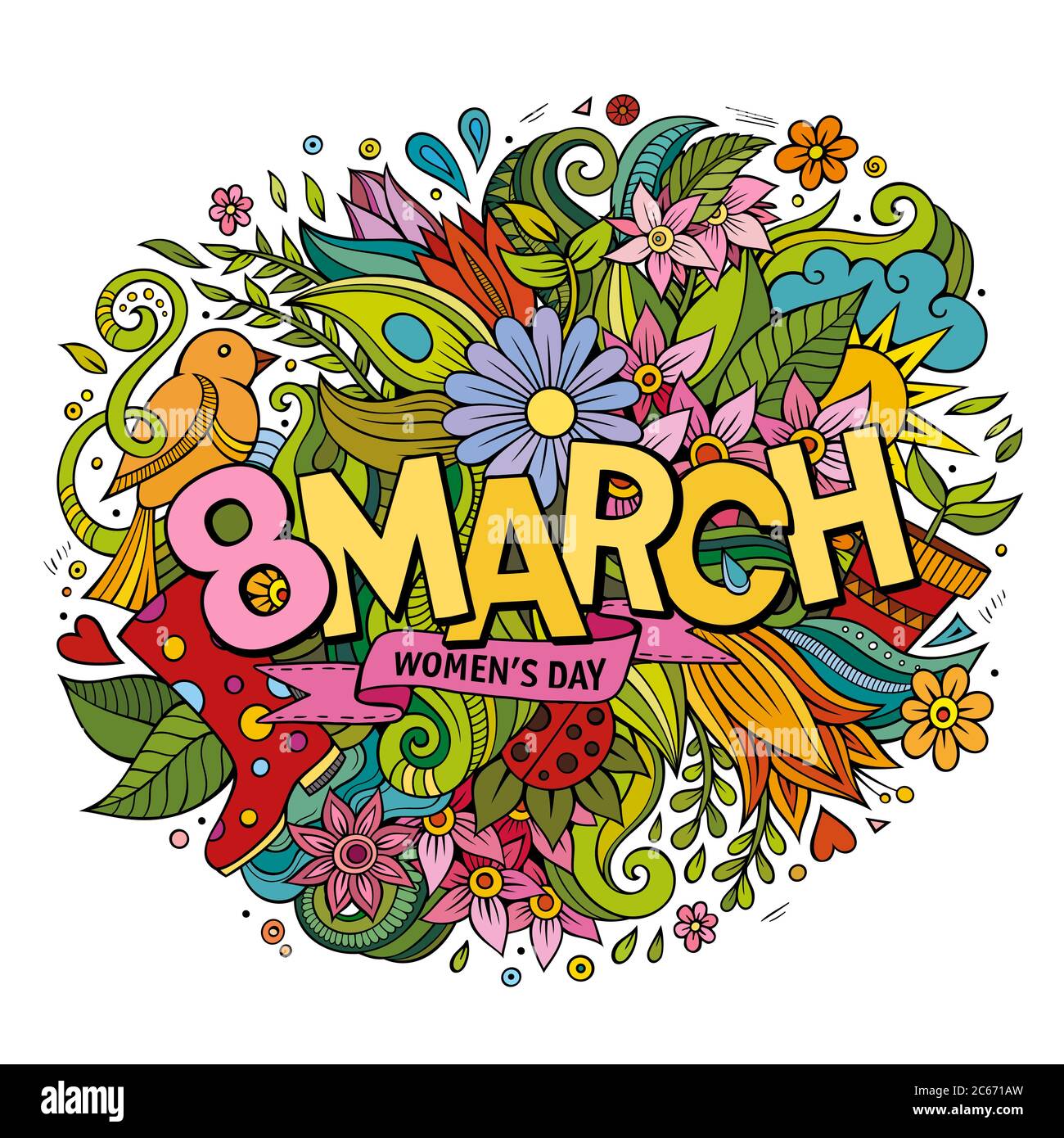 Cartoon cute doodles hand drawn 8 March inscription. Colorful detailed ...