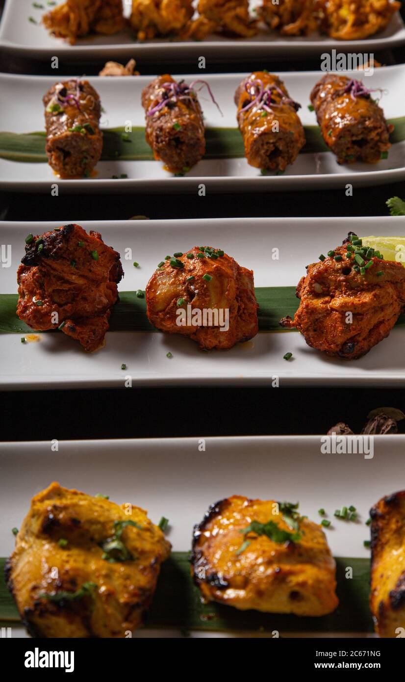 In the table different types of skewers of Indian cuisine. Vertical ...