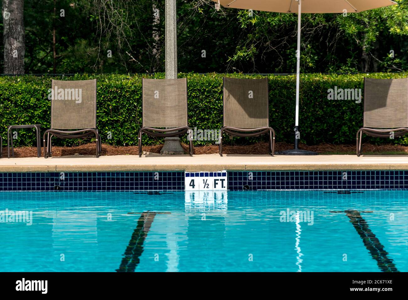 Swimming pool deck lounge chairs lined up by the side of a pool Stock ...
