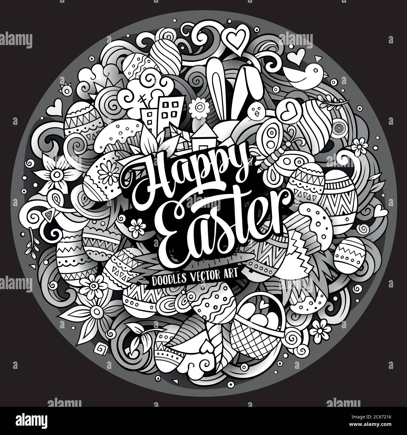 Cartoon vector hand drawn Doodle Happy Easter round design Stock Vector ...