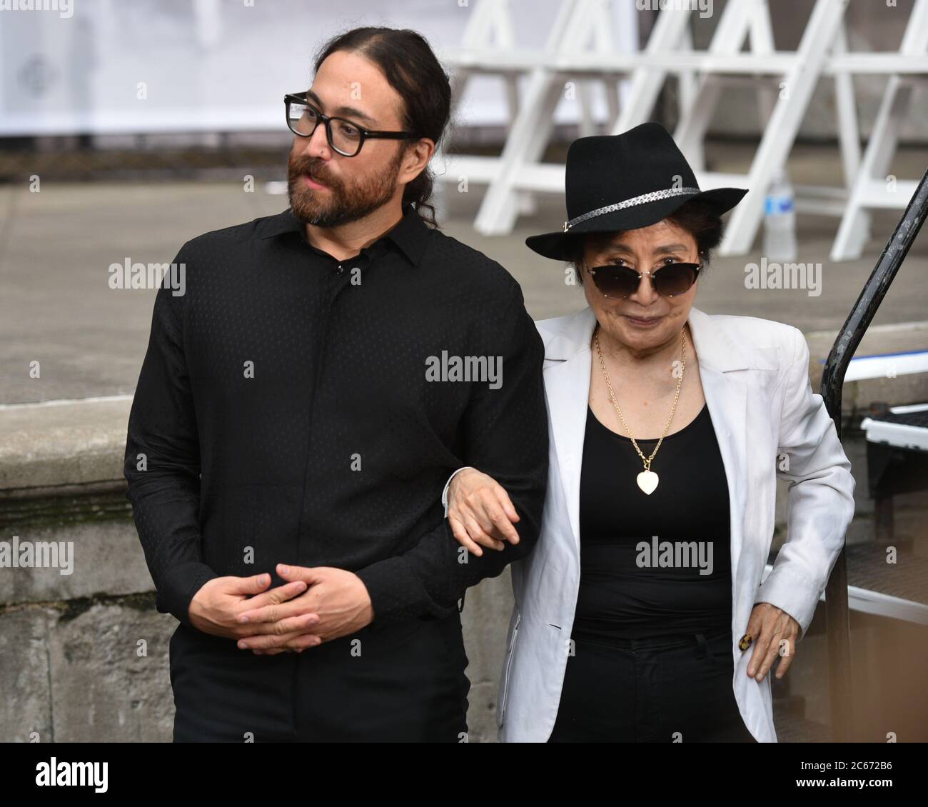 Yoko Ono and Sean Lennon attend a John Lennon stamp dedication ceremony ...