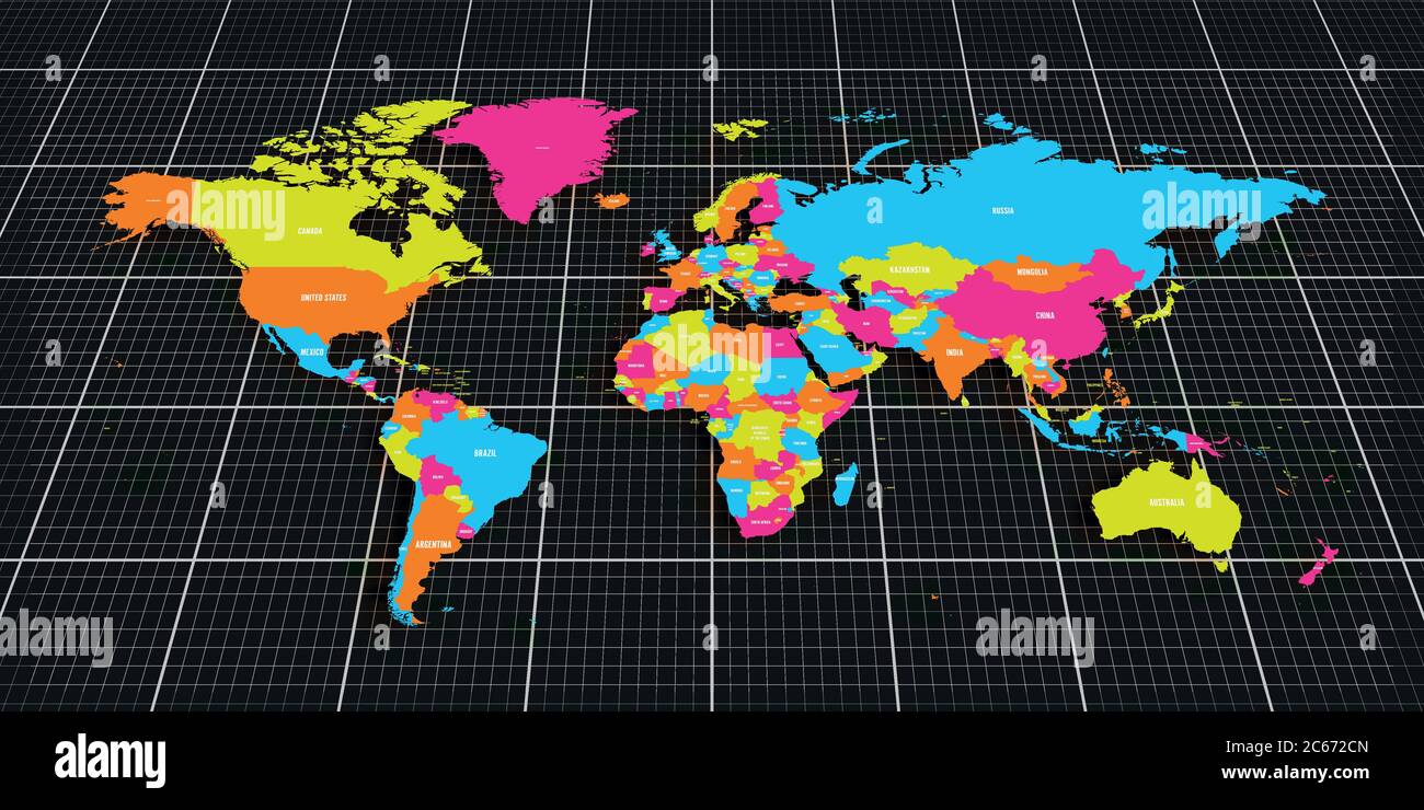 Colorful geopolitical map of World. Bottom perspective view with ...