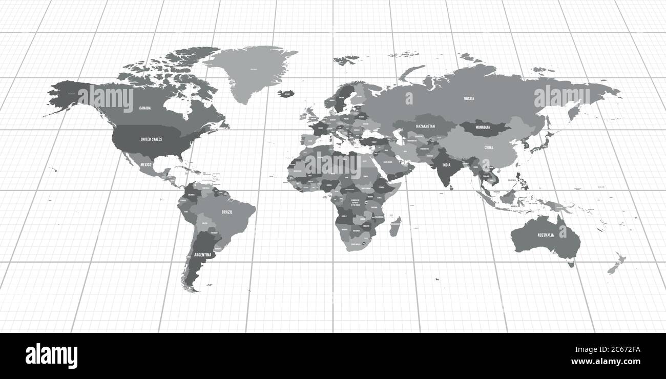 Grey geopolitical map of World. Bottom perspective view with background ...