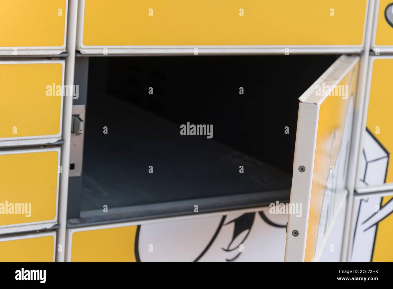 Open box of Inpost parcel locker. WROCLAW, POLAND - April, 2018. 24 ...