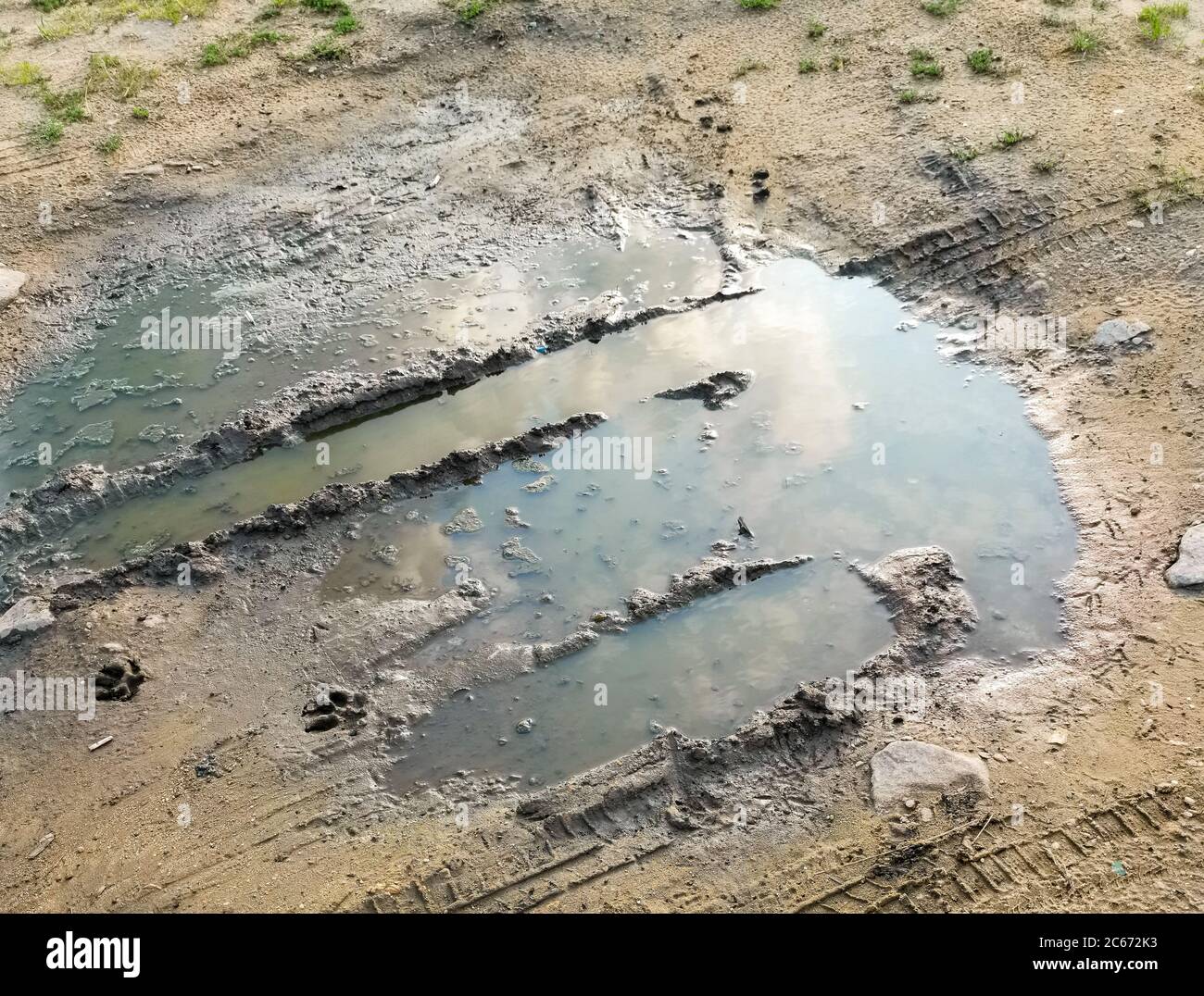Puddle and mud with tire track texture. Muddy field, dirt road after ...