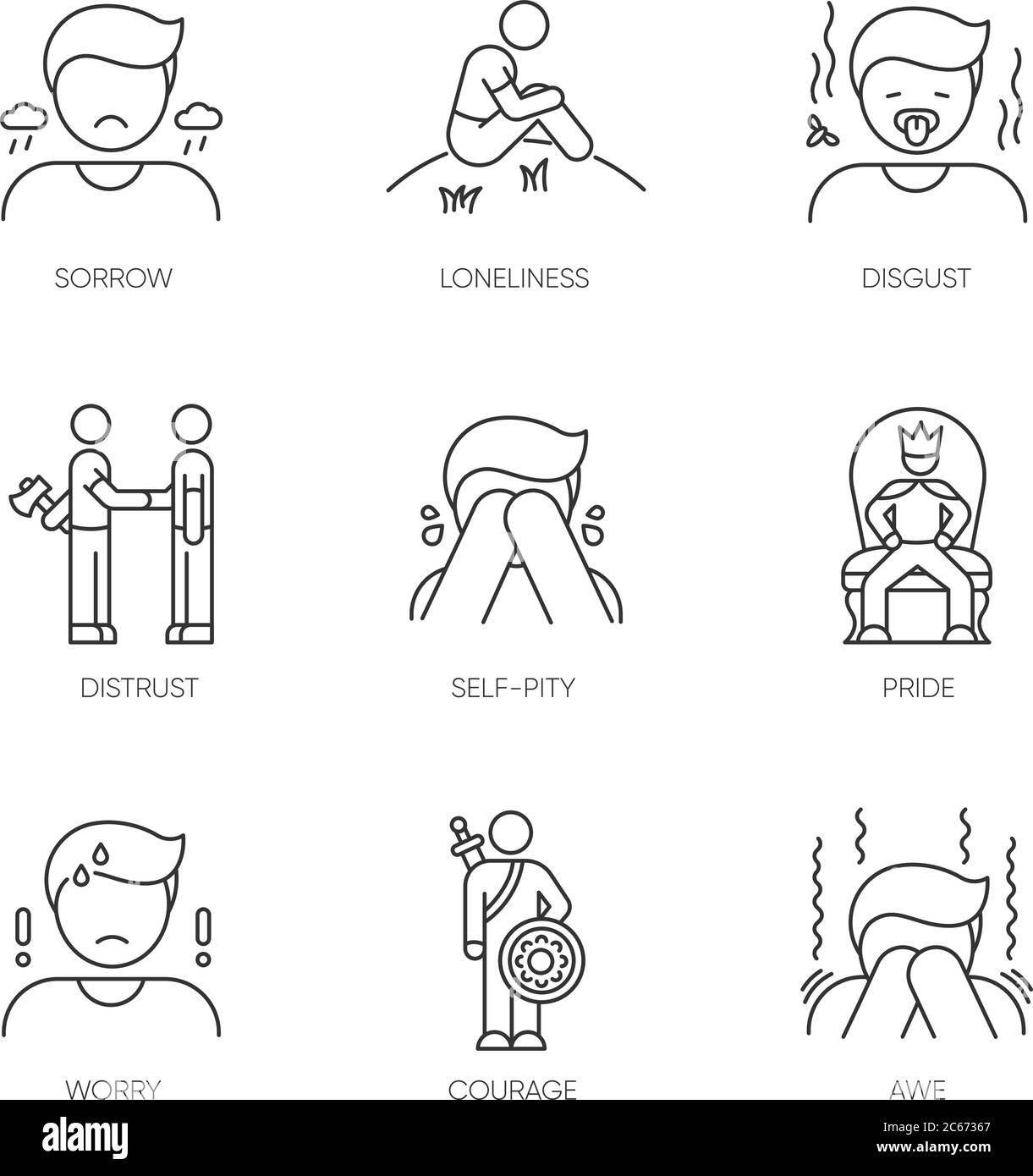 Negative feelings pixel perfect linear icons set. Bad emotions, mental ...