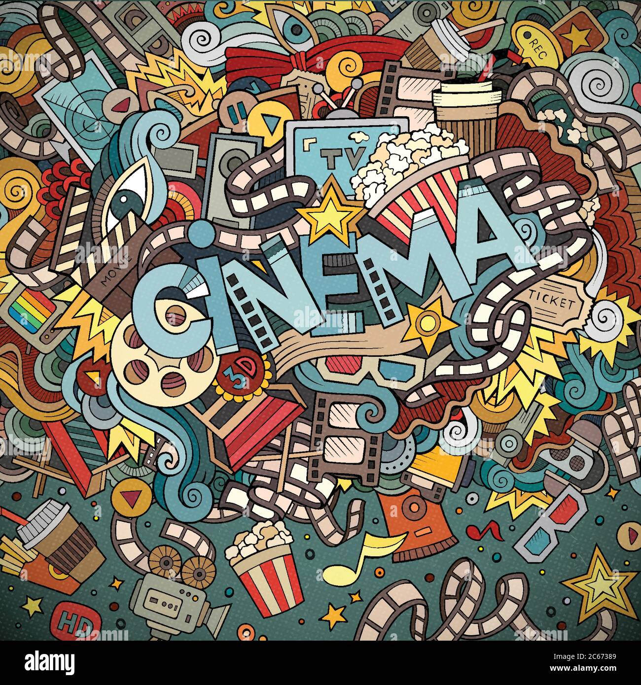 Cartoon cute doodles hand drawn Cinema inscription Stock Vector Image ...