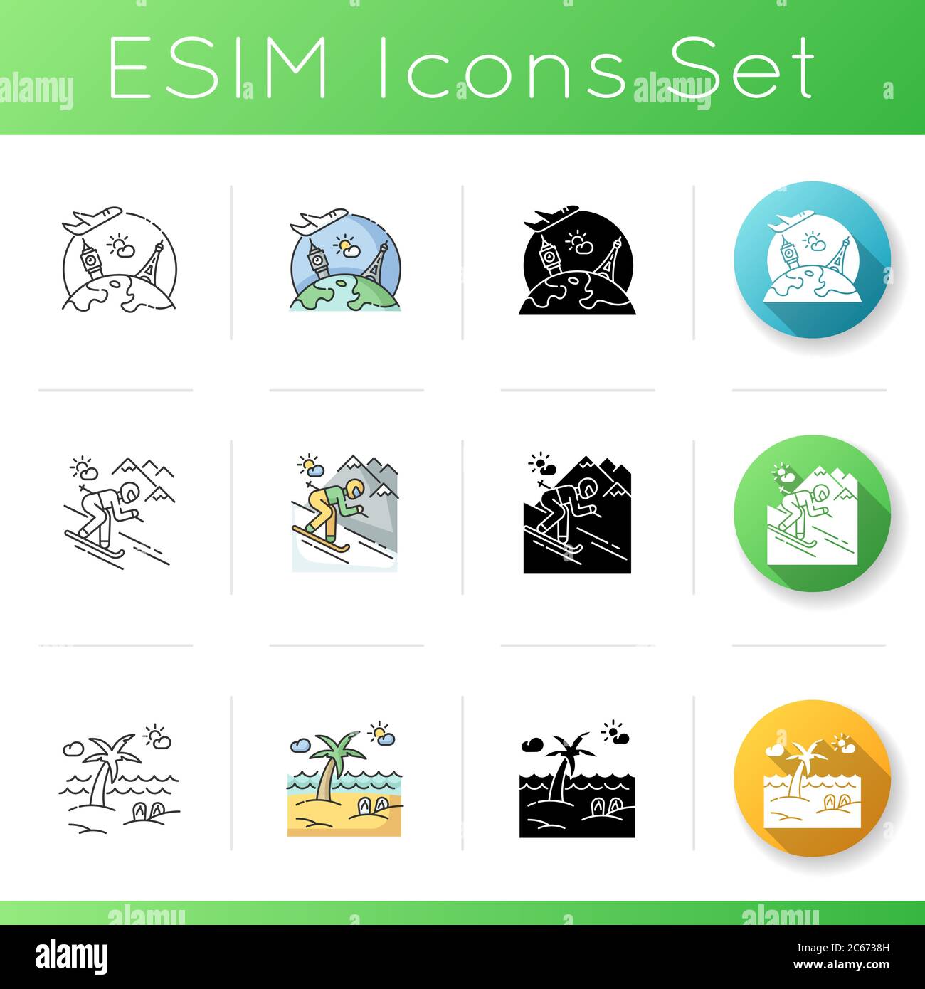 Tourism icons set. Linear, black and RGB color styles. International ...