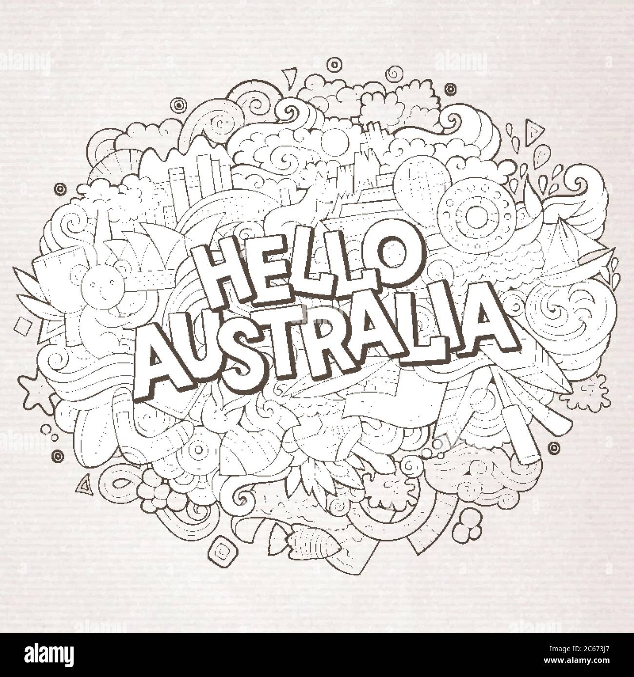 Cartoon cute doodles hand drawn Hello Australia inscription Stock ...